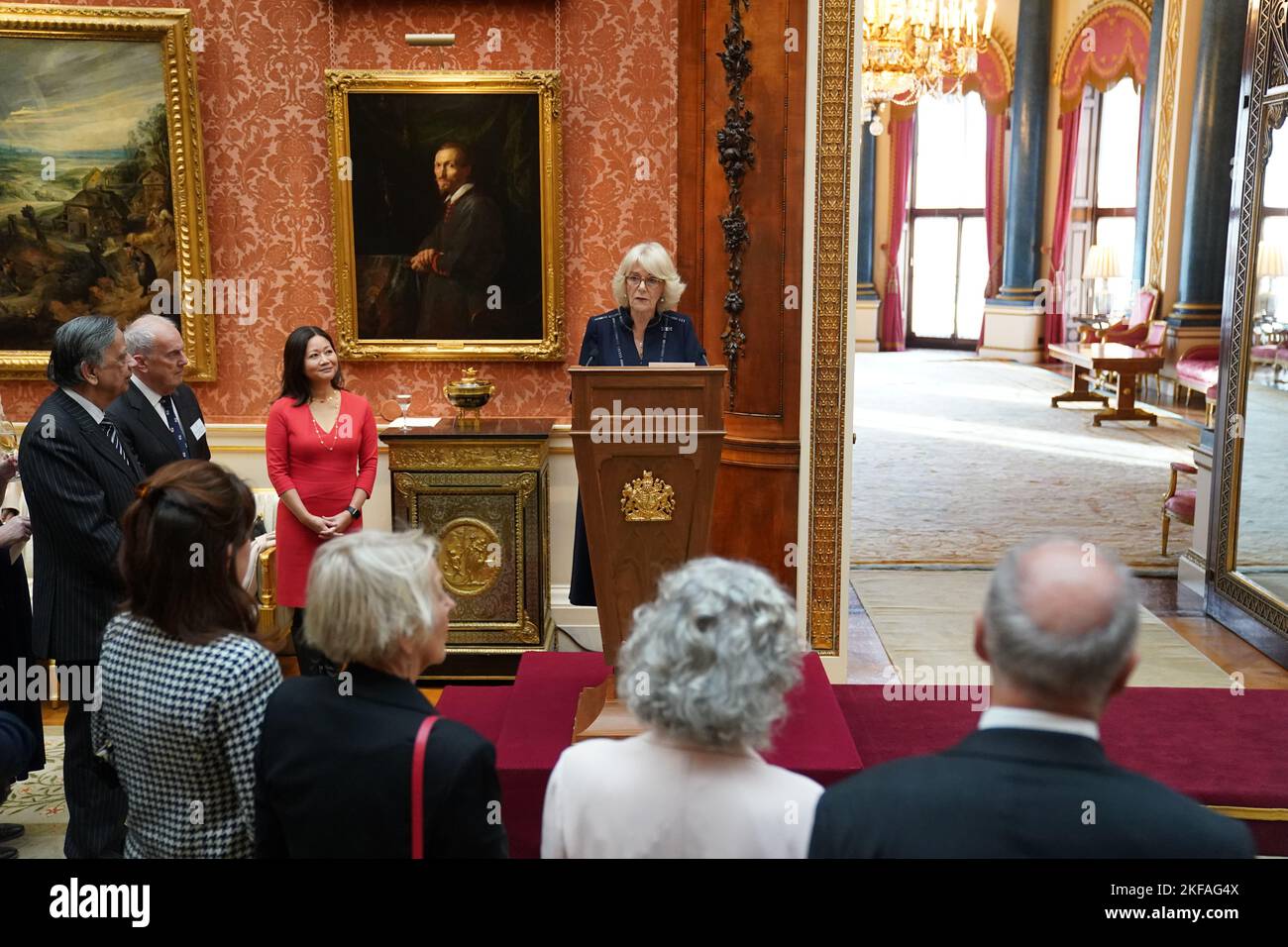 The Queen Consort making a speech during a reception for winners of the ...