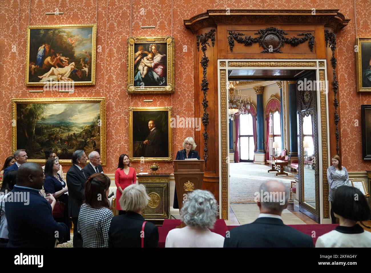 The Queen Consort making a speech during a reception for winners of the ...