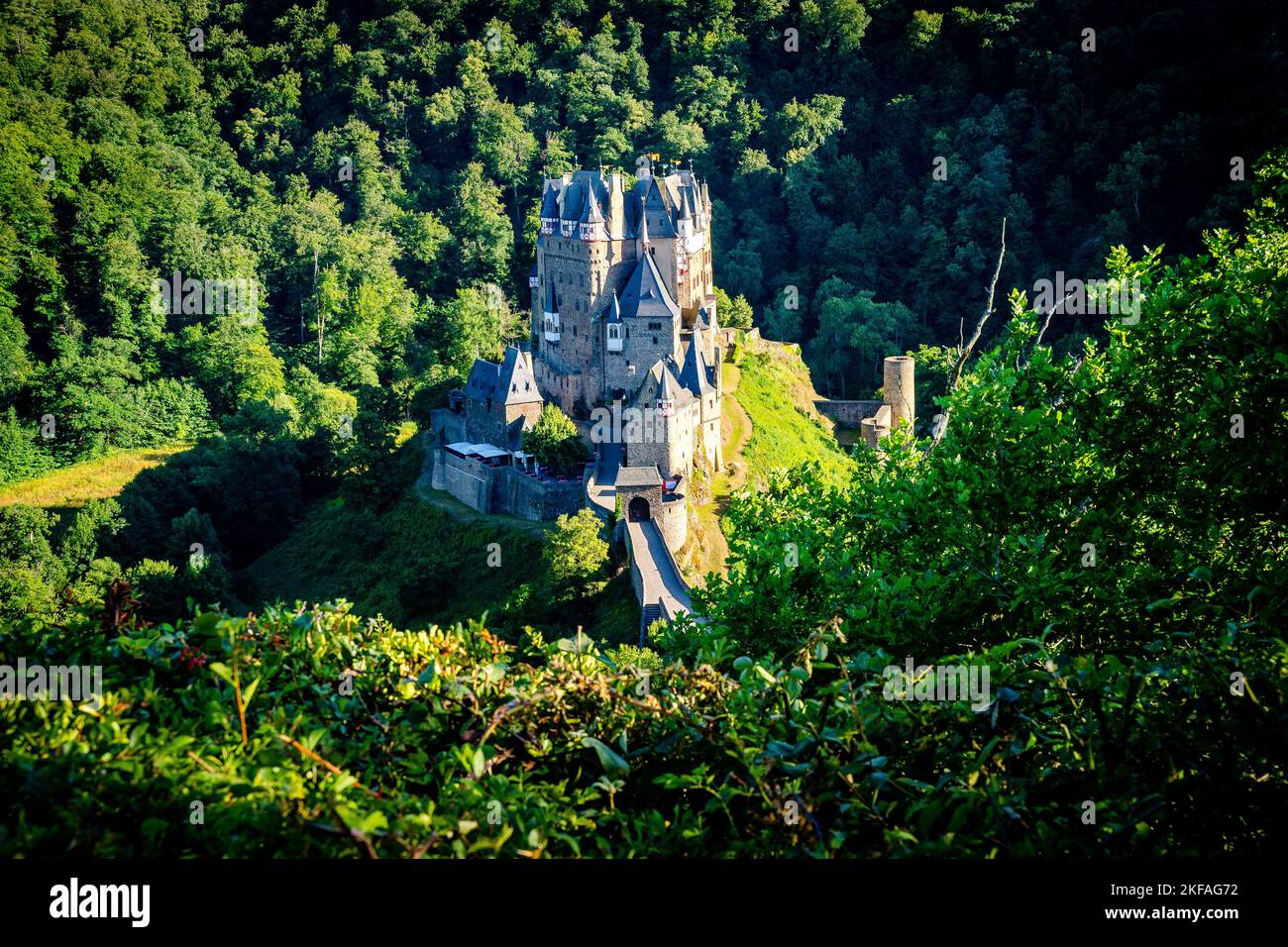 An aerial view of the Eltz Castle ang forest landscape in Germany Stock ...