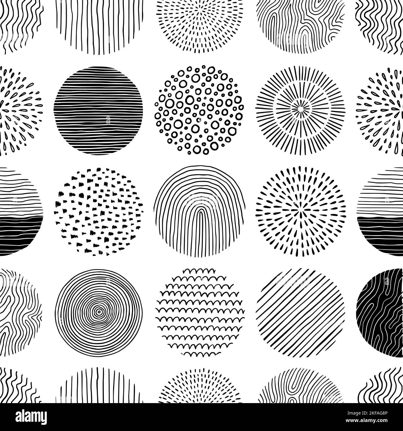 Hand Drawn Black White Circle Seamless Pattern Doodle Style Abstracrt Textured Scribble