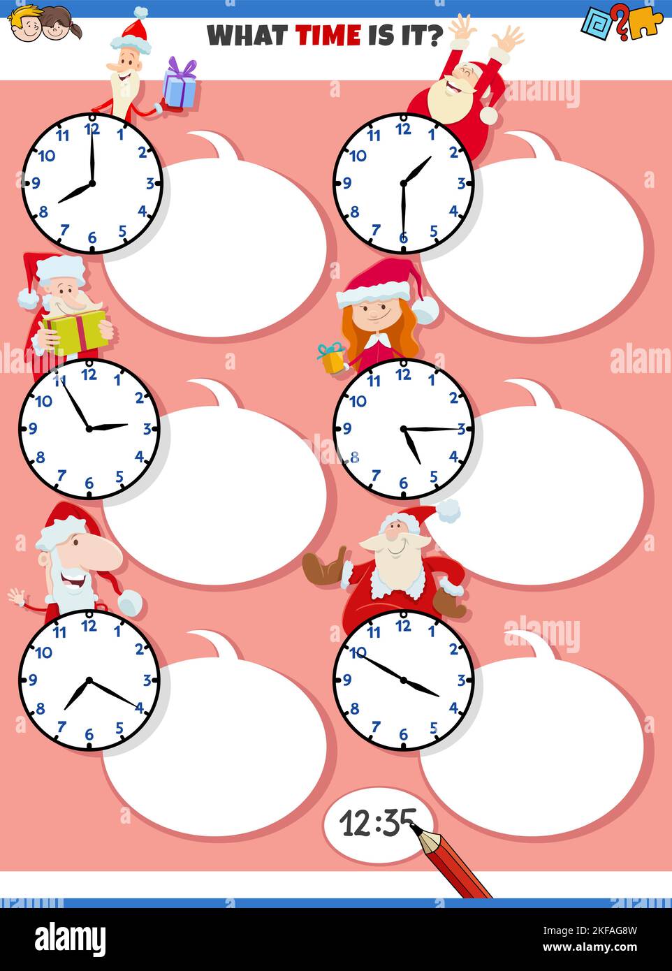 Cartoon illustrations of telling time educational task with clock faces ...