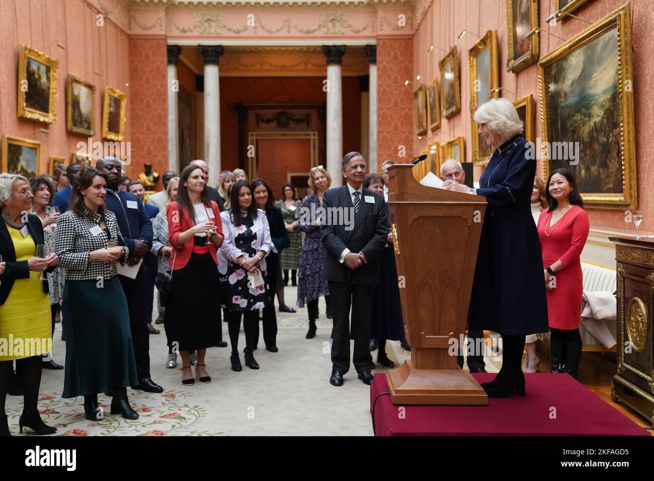 The Queen Consort making a speech during a reception for winners of the ...