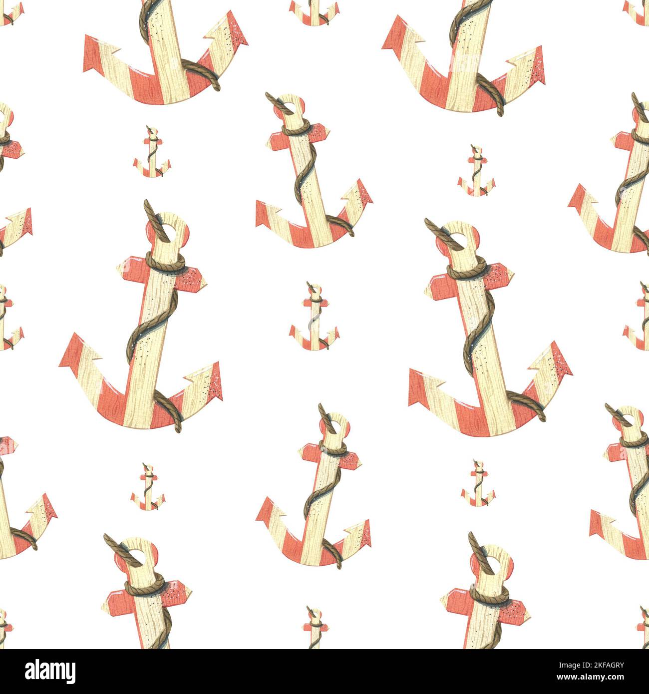 Wooden, striped anchors of coral and yellow color with rope. Watercolor ...