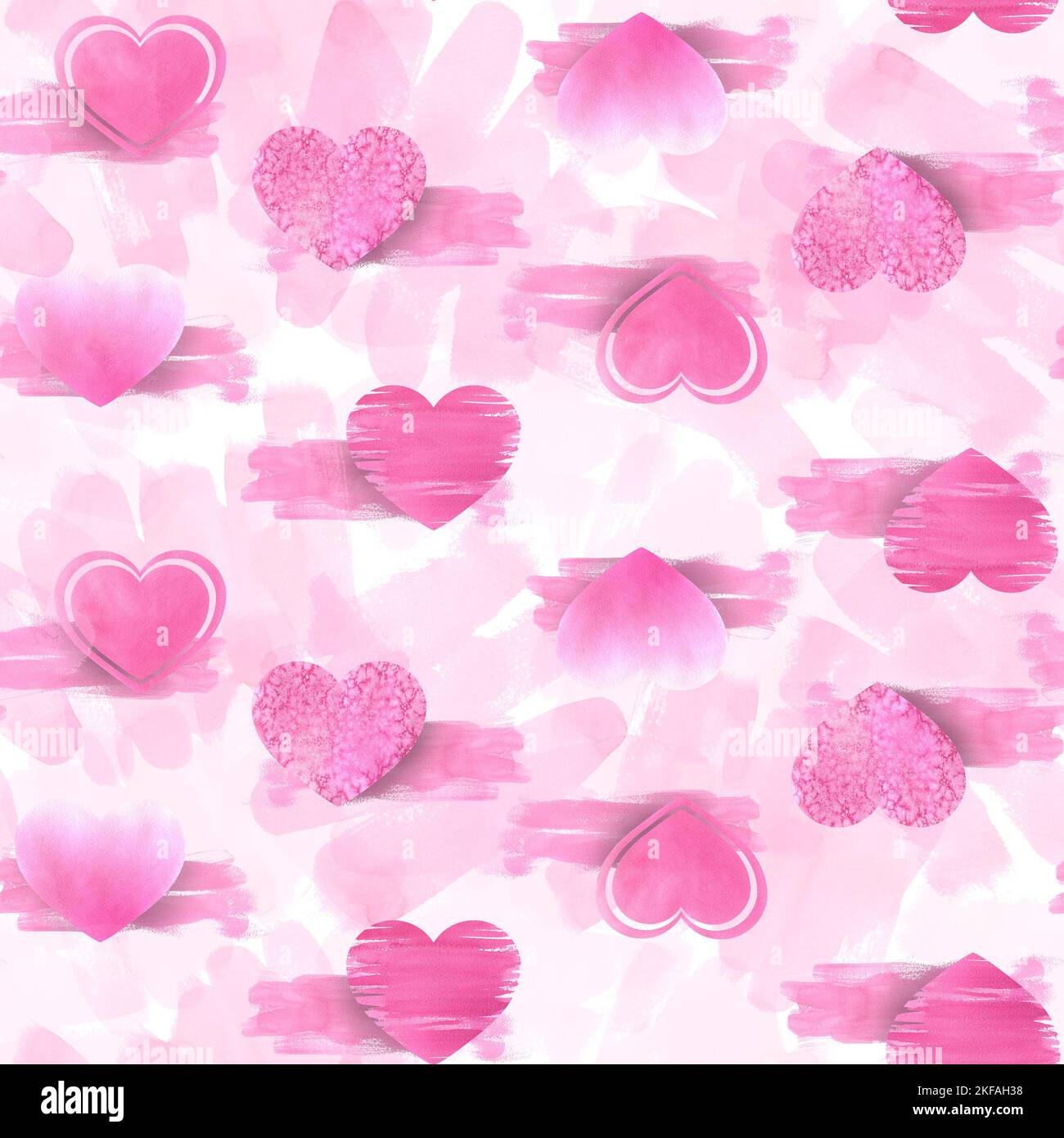 Pink hearts on a white background with spots and smears of paint ...