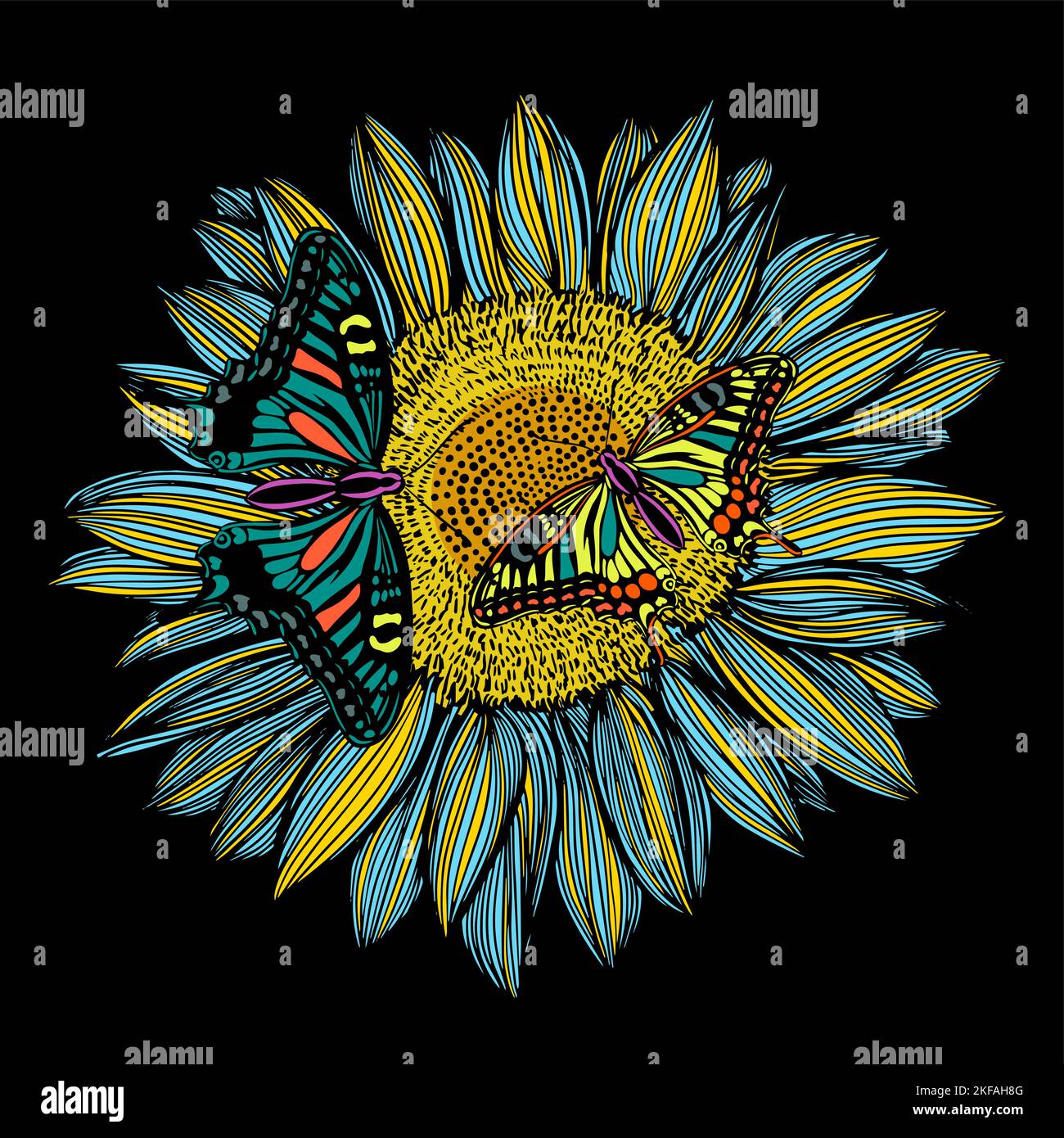 Graphic object sunflower with butterflies. Vector illustration Stock ...