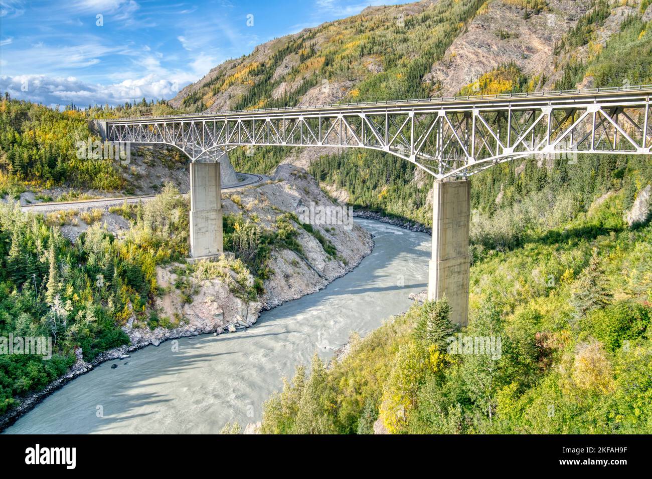 Steel bridge spanning gorge along the Nenana River in Denali, Alaska ...