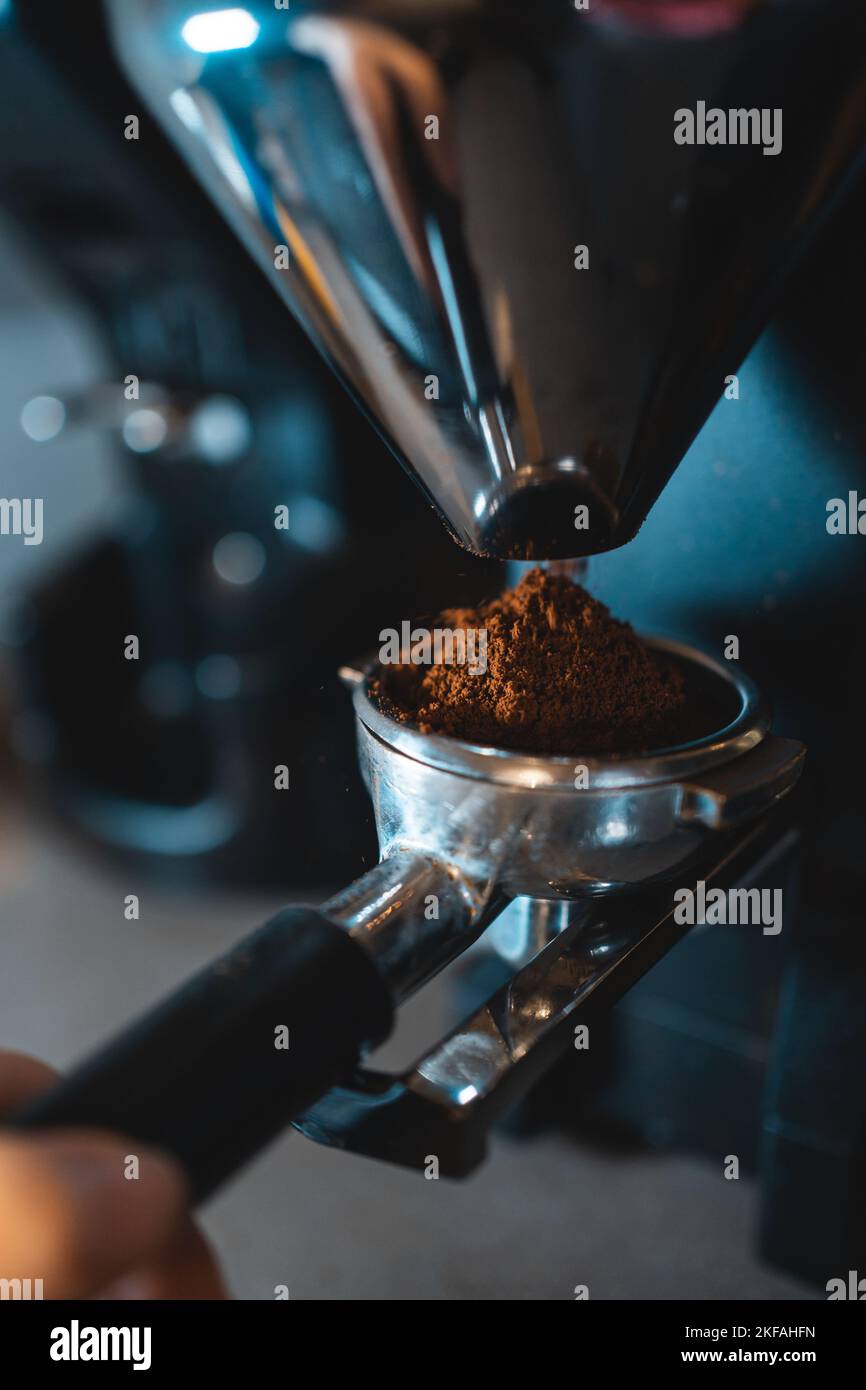 barista with holder grinding coffee beans with professional grinder ...