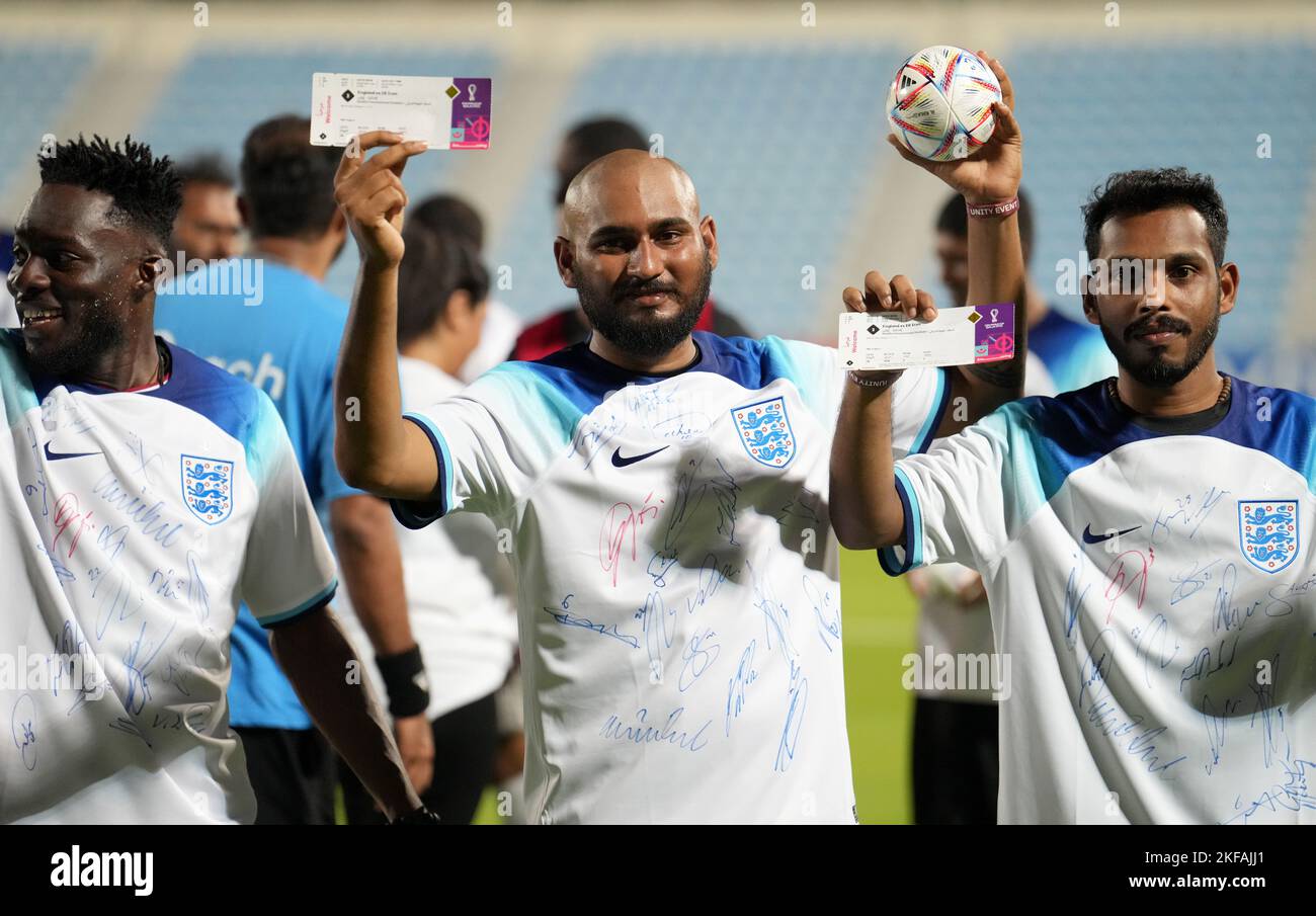 Players from the Workers' Welfare 'Team 360' with signed shirts and ...