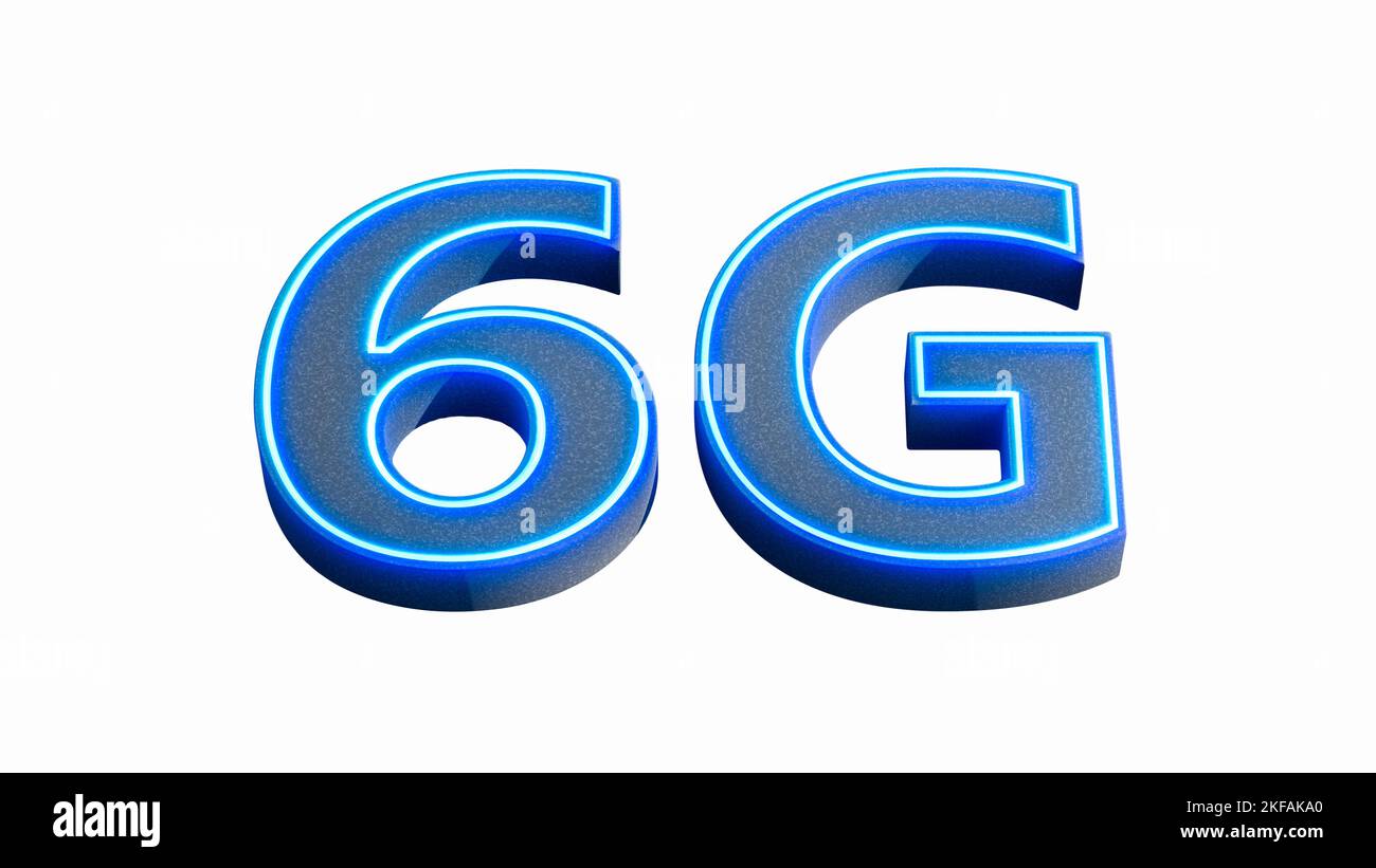 6g logo design, a symbol of 6G network connectivity of the futur. Neon blue glow. 3d rendering ...