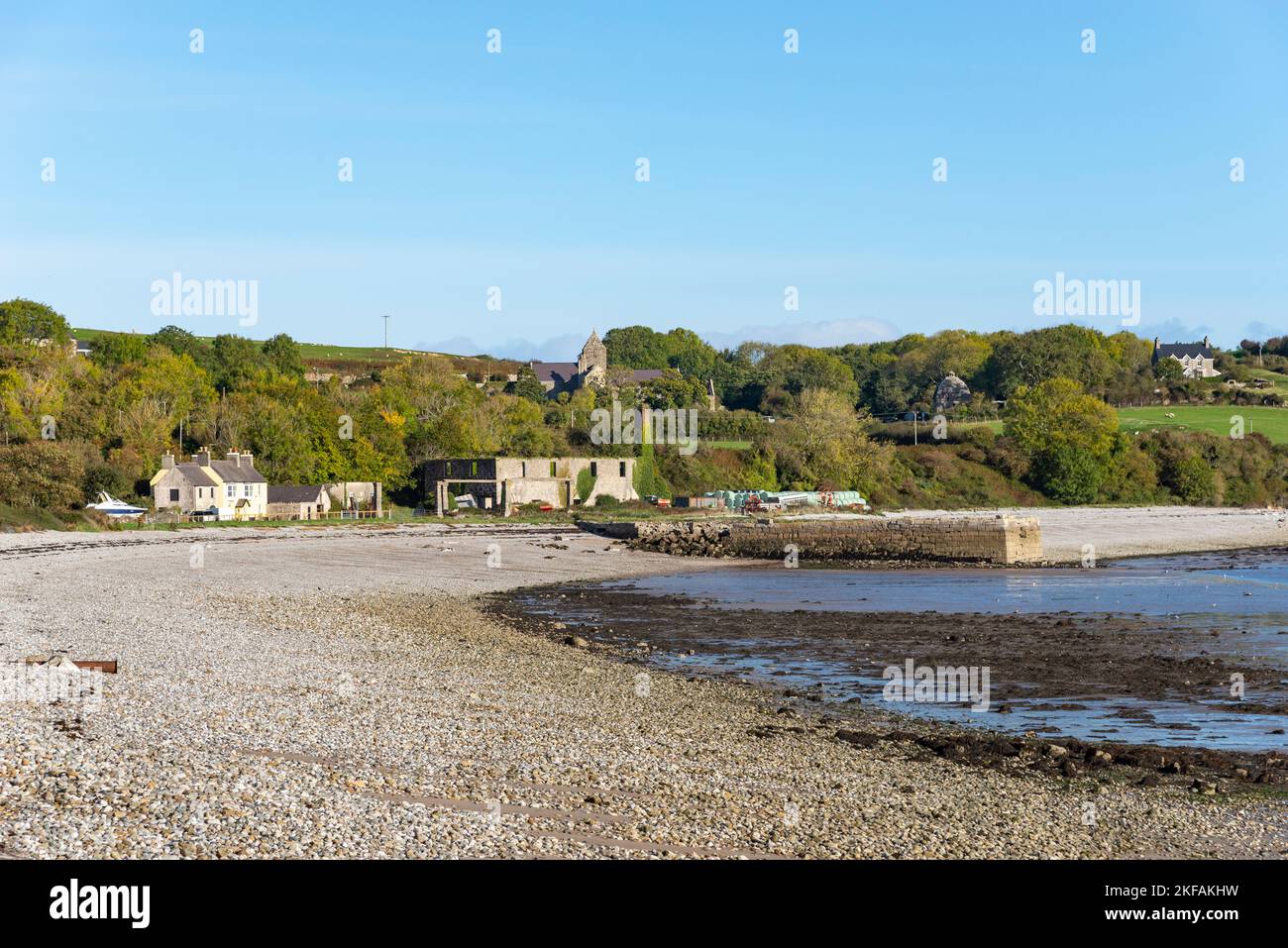 View of Penmon on the south coast of Anglesey, North Wales, with old ...