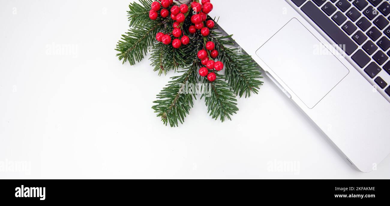 Christmas Holiday, business office desk. Computer laptop and Xmas ...