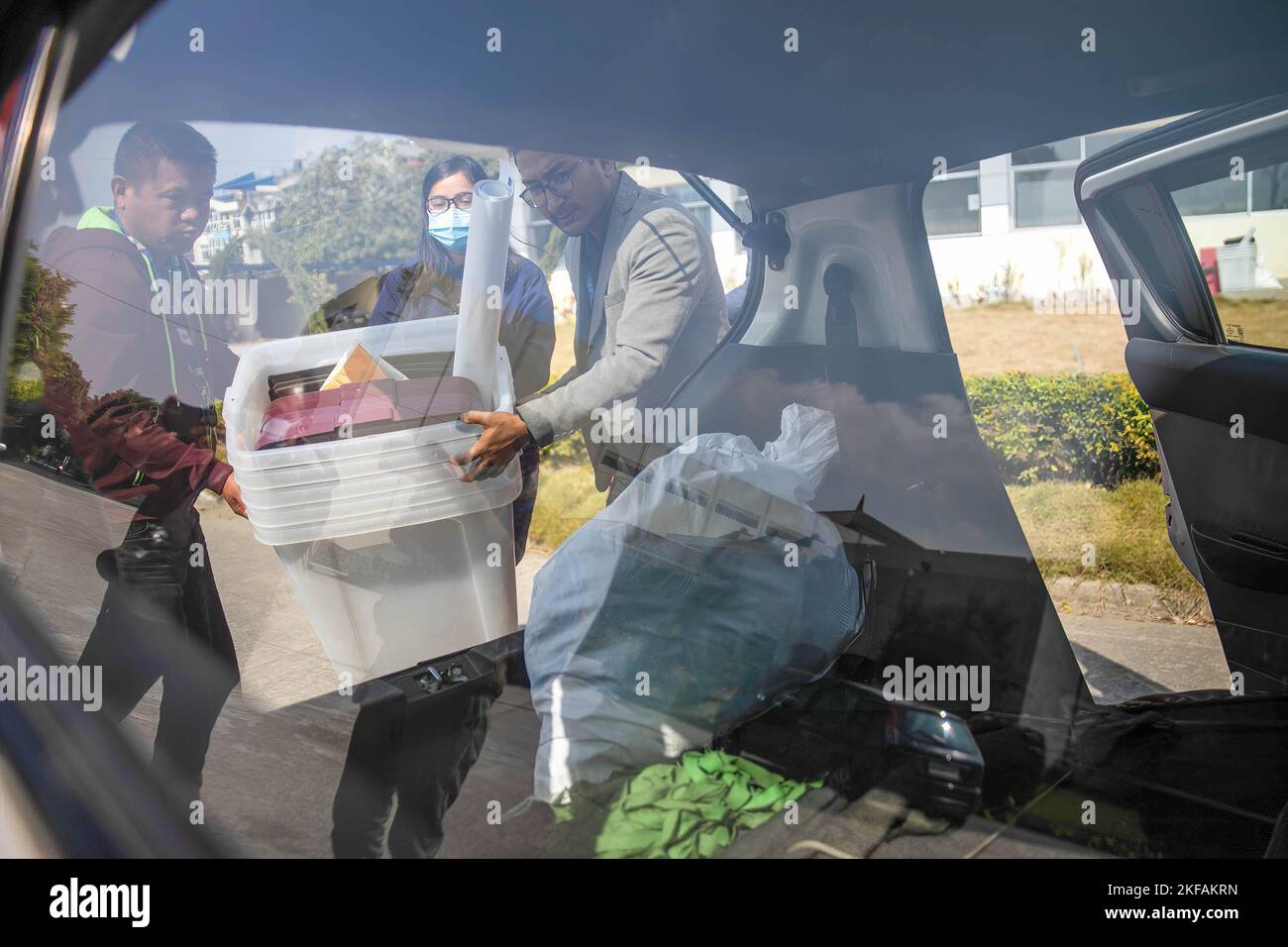 The election commission officers collect the ballot box and election ...