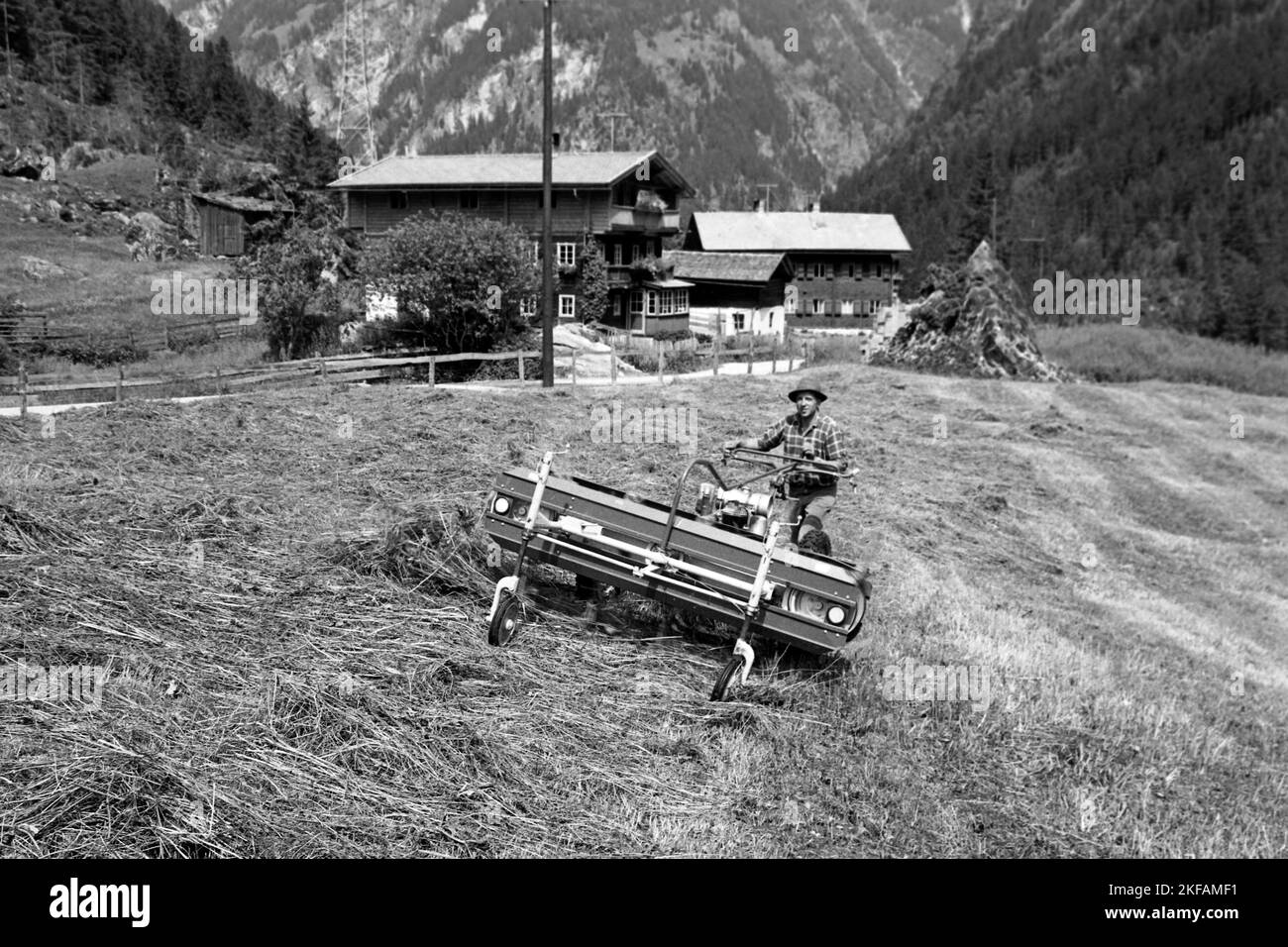 Bergbauer beim Heuen an der Zillertalstraße in Tirol, 1970. Mountain ...
