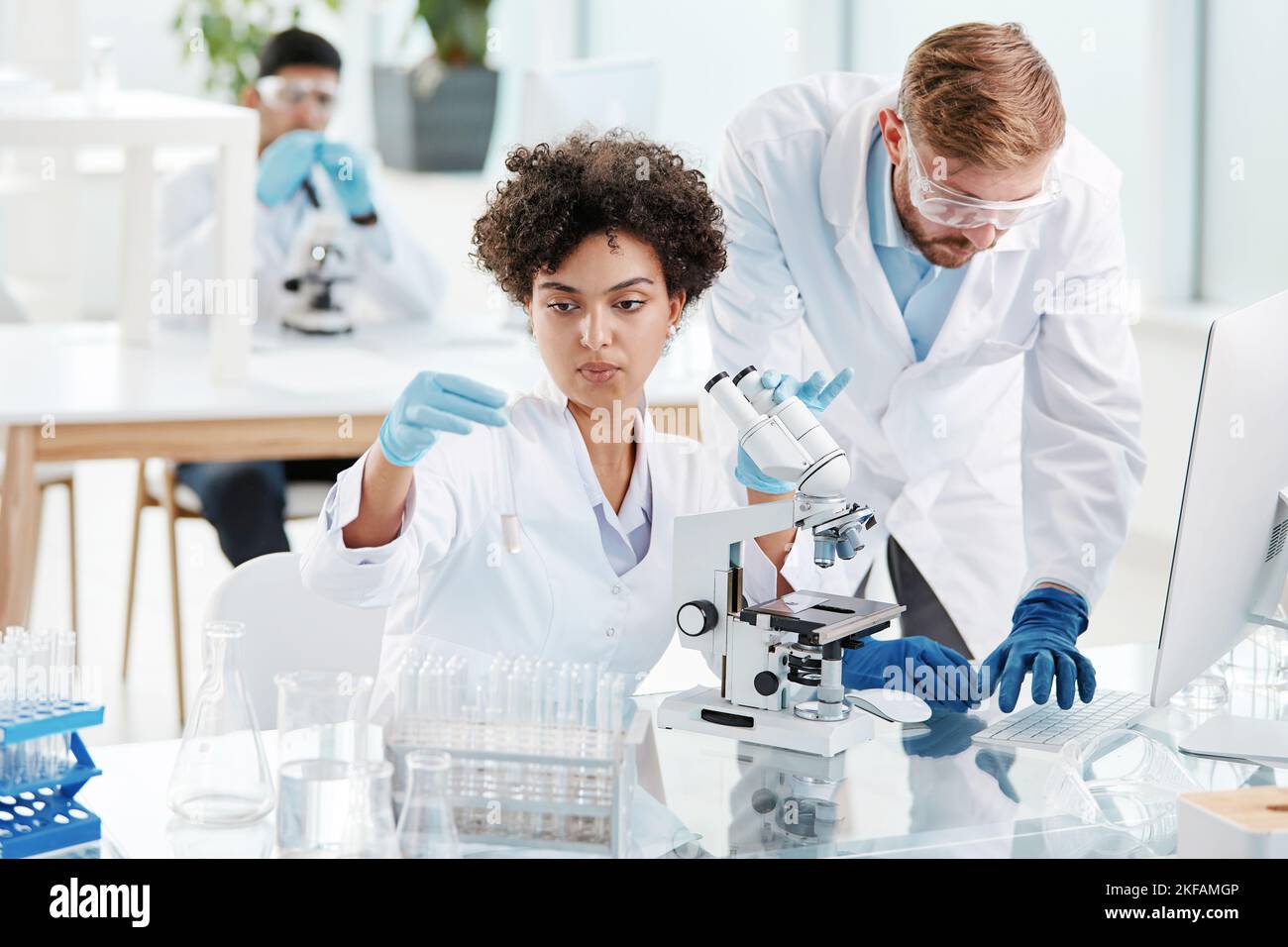 team of research scientists conducts research in a modern laboratory ...