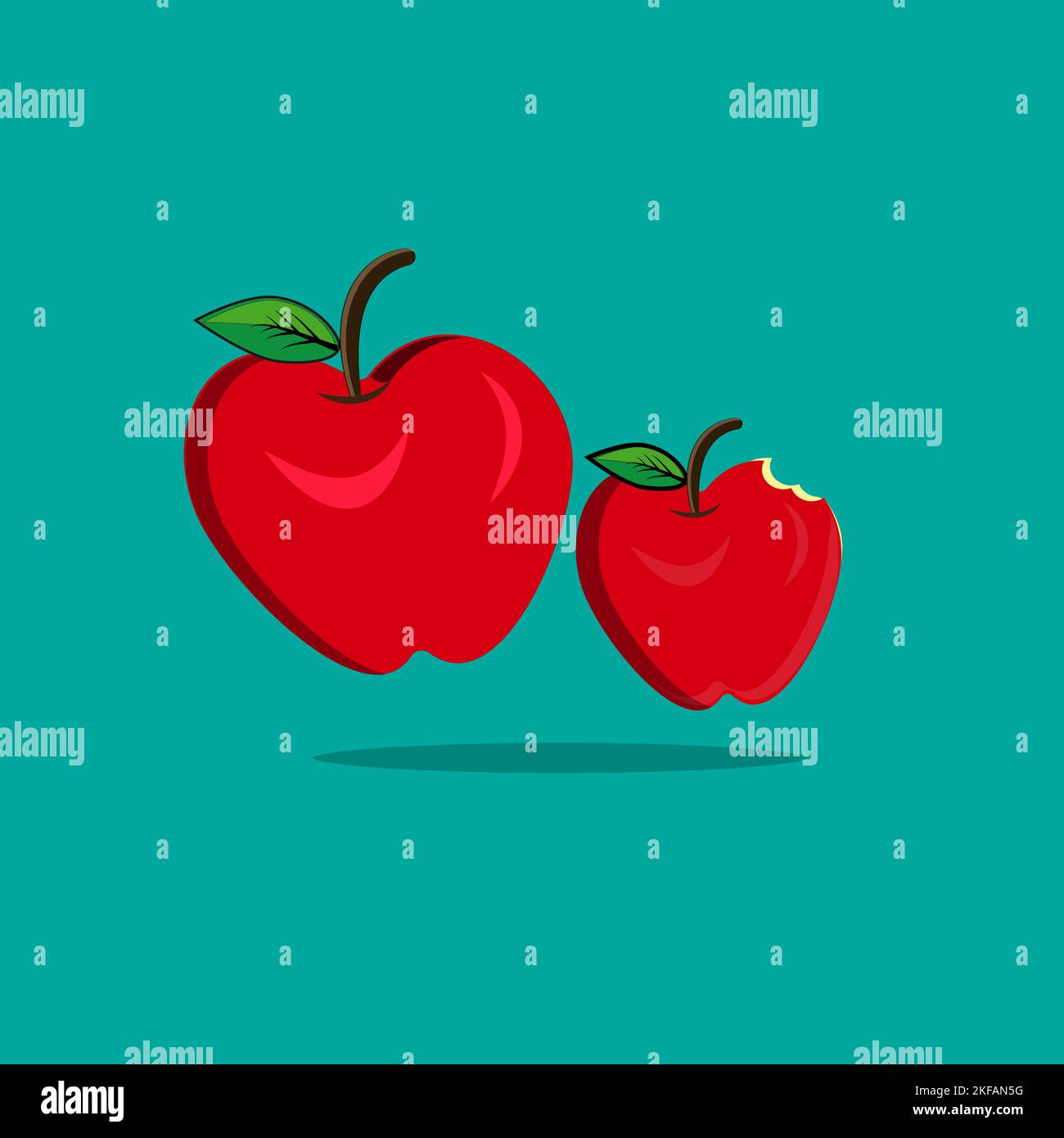 Two Red apple with missing a bite isolated on red background. Vector ...