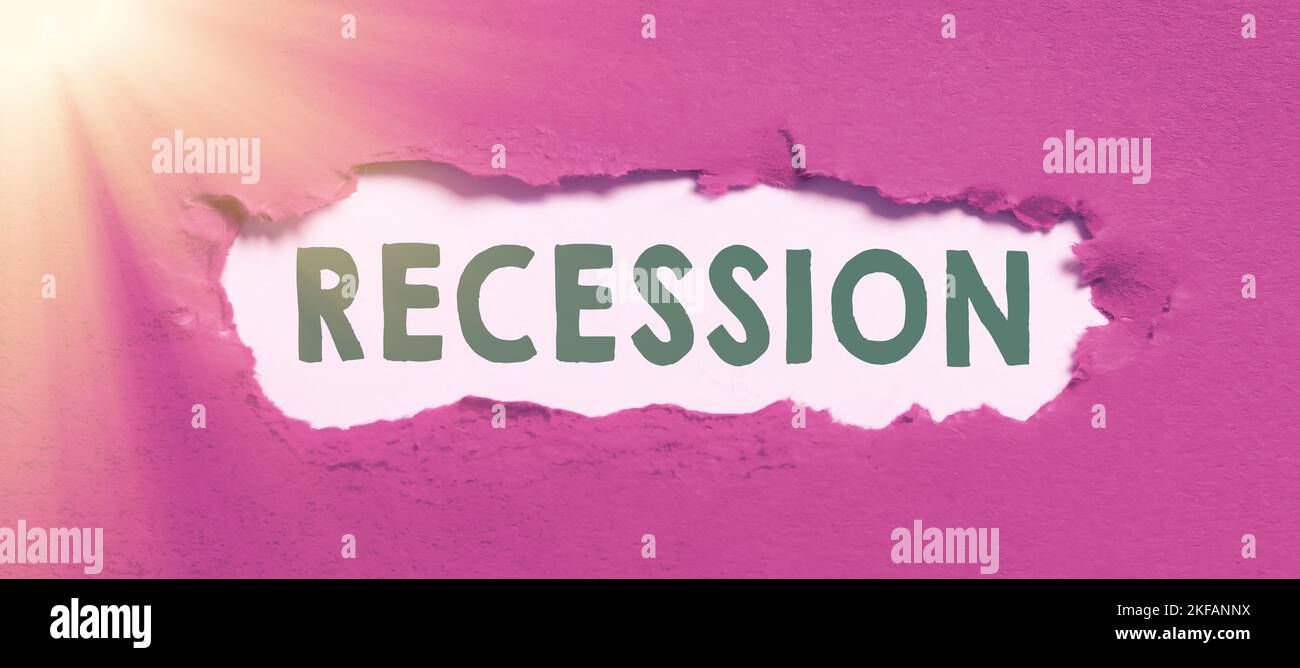 Writing displaying text Recession. Business showcase the process of progressive decrease in ...