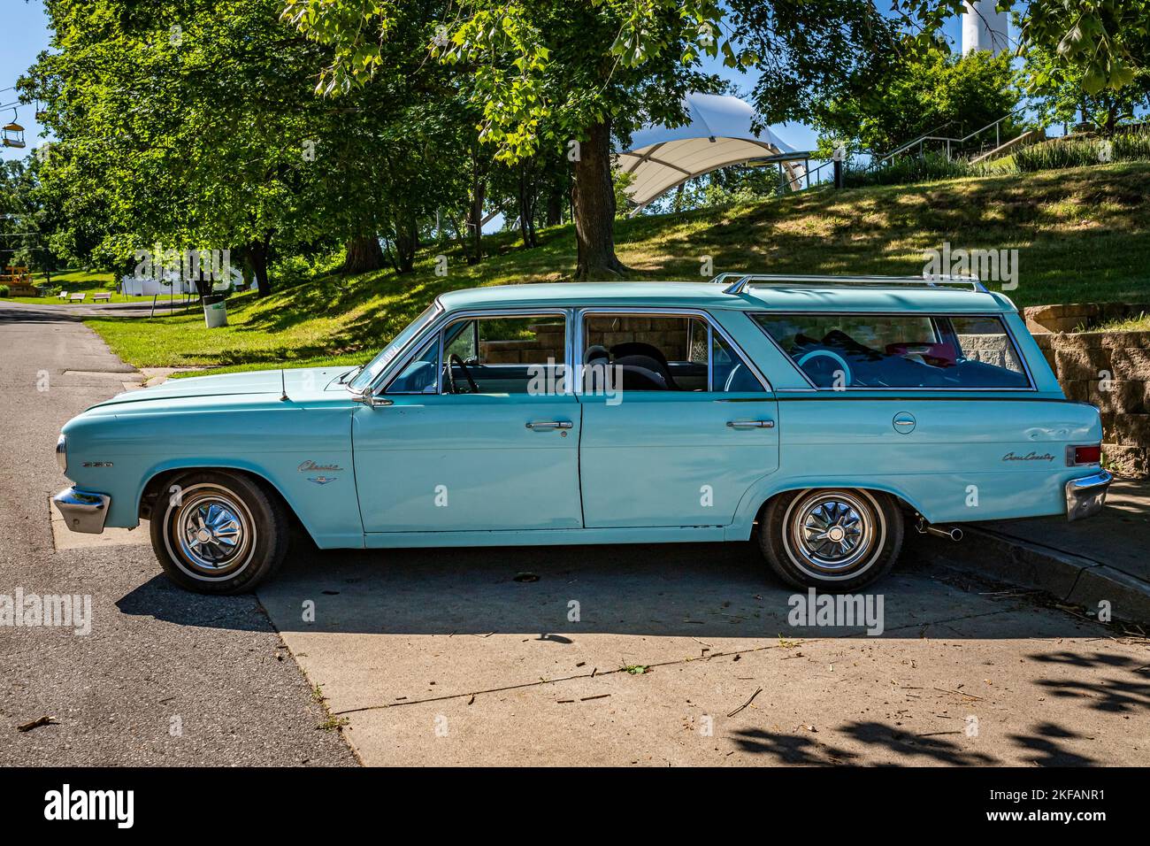 Des Moines, IA - July 03, 2022: High perspective side view of a 1965 ...