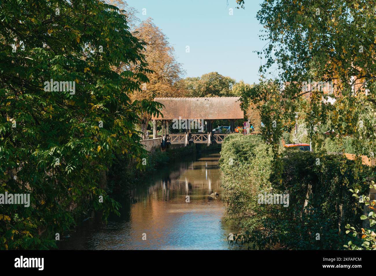 A wooden bridge in the park with and autumn colors of Bietigheim ...