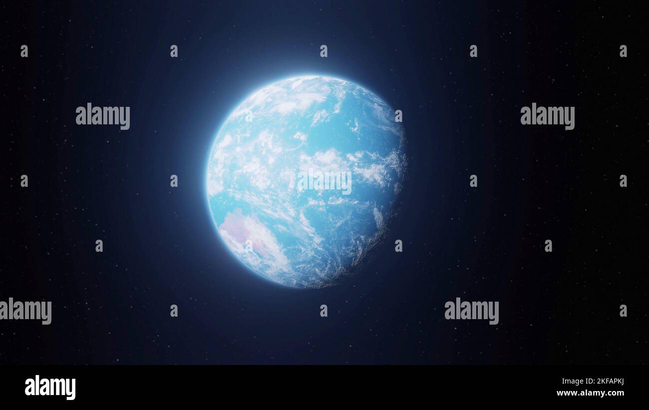 Earth planet viewed from space lit by the sun, 3d render of blue planet ...