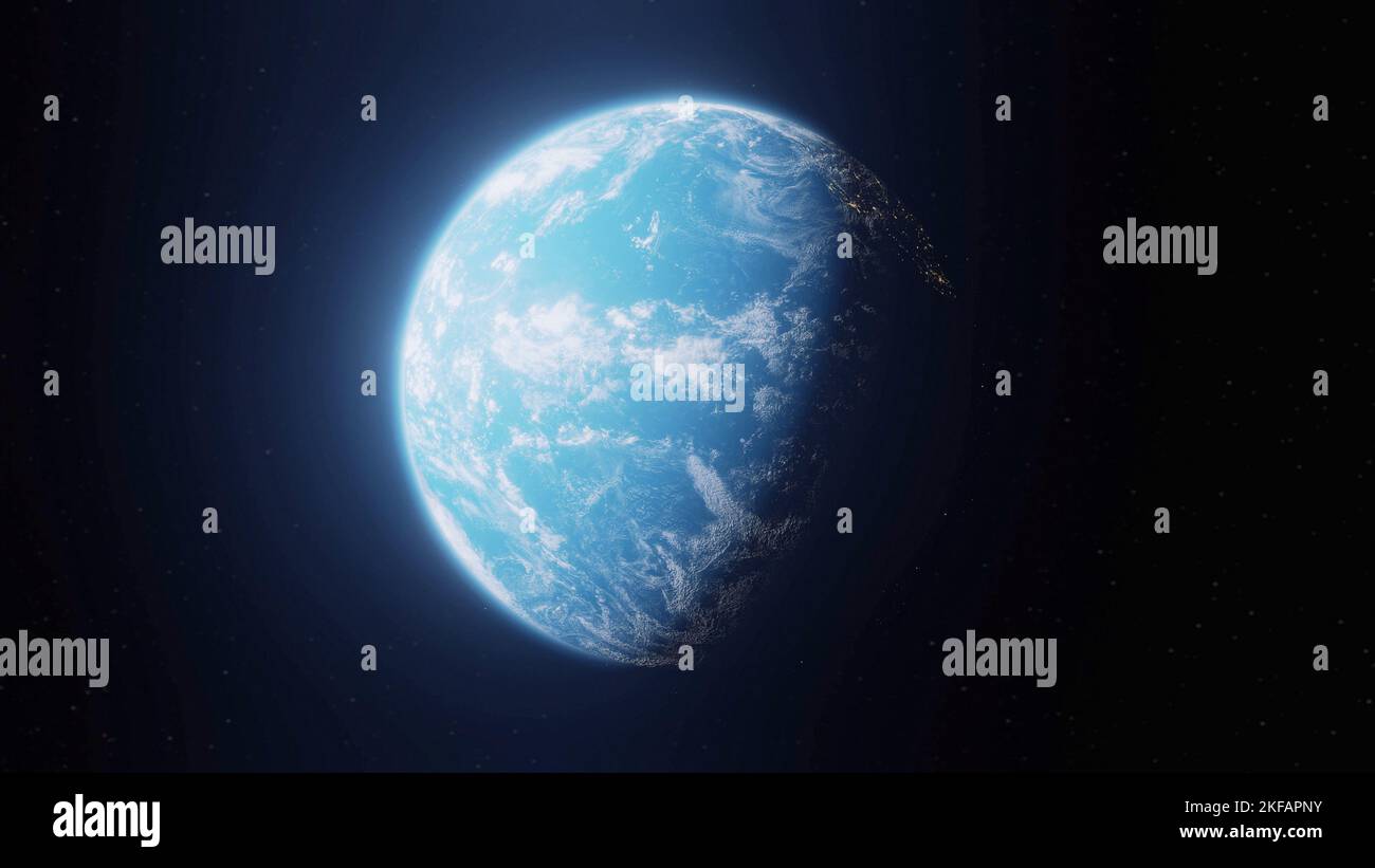 Earth planet viewed from space lit by the sun, 3d render of blue planet ...