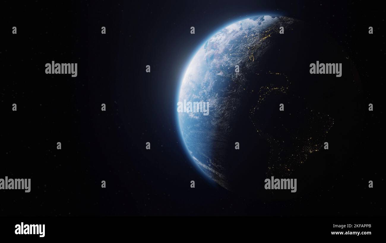 Sphere of partly lit Earth planet in outer space. City lights on planet ...