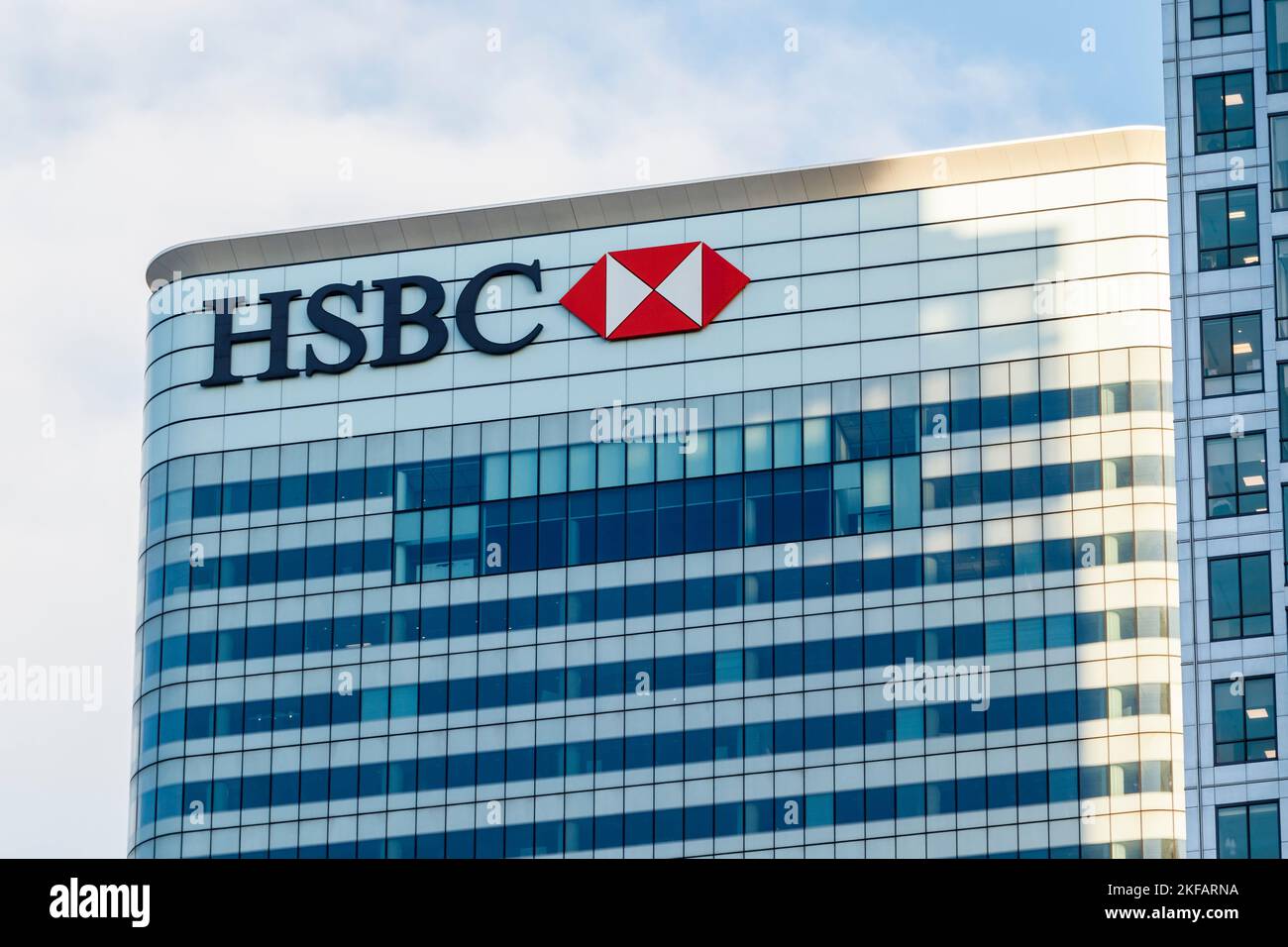 Sign at the top of the HSBC building in the financial district of ...