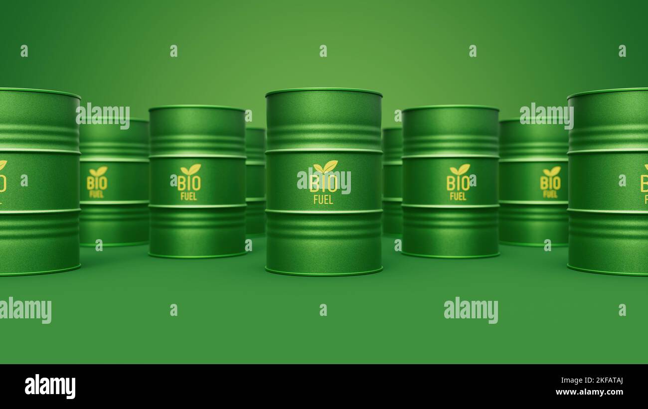 Barrels of biofuel or biodiesel drums grid. Sustainable energy concept ...