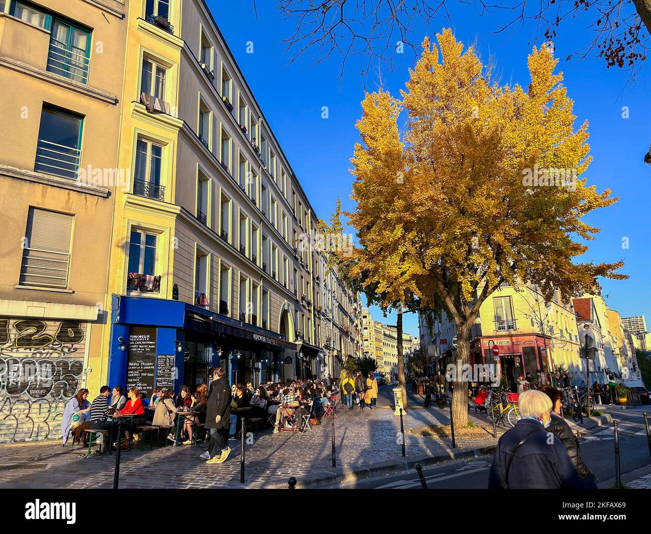 Paris, France, Wide Angle View, Parisian Cafe Terrace near Belleville ...