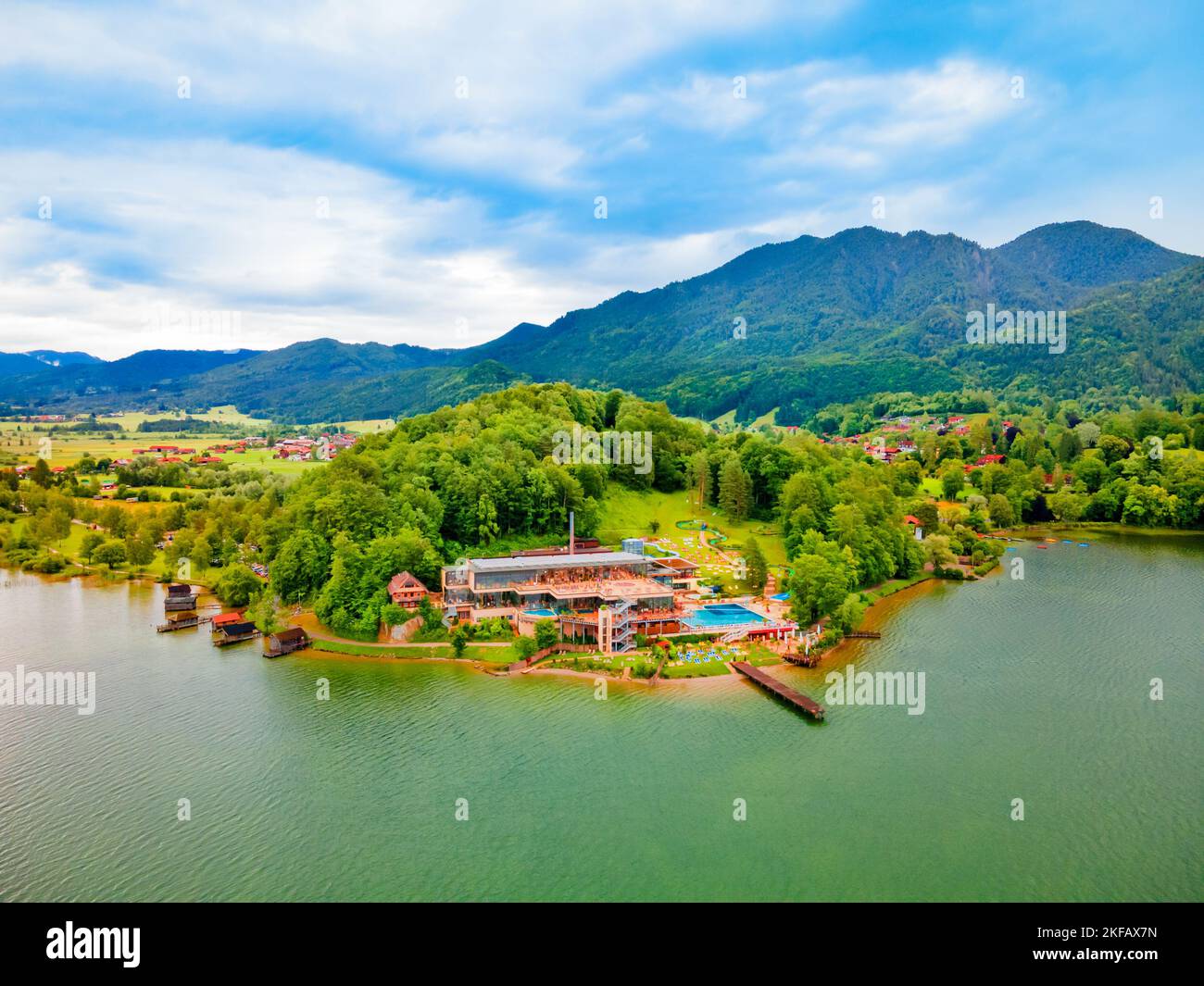 Kochel am See, Germany - July 01, 2021: Kristall Therme trimini aerial panoramic view. It is a ...