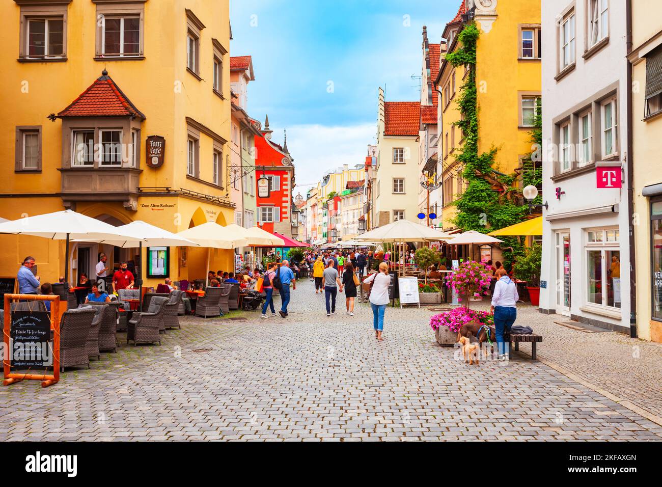 Lindau, Germany - July 04, 2021: Steet cafe in Lindau old town. Lindau ...