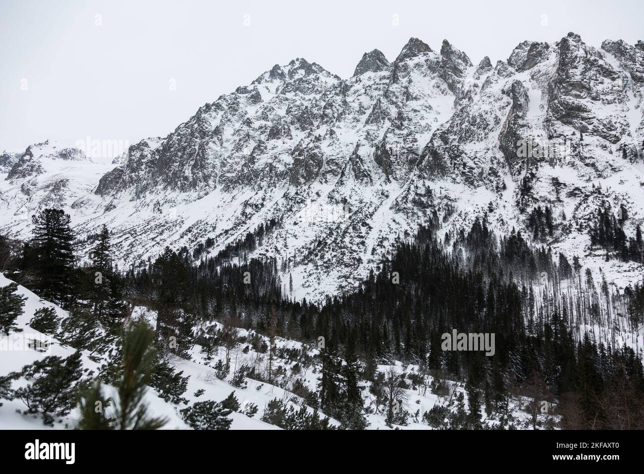 Snowy mountains and an impressive rock wall in High Tatra Mountains ...