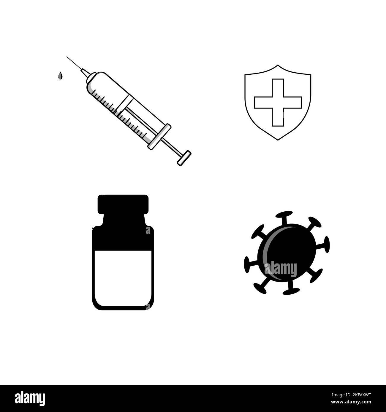 Syringe, Vaccine vial, Virus germ and Medical protective shield icon ...
