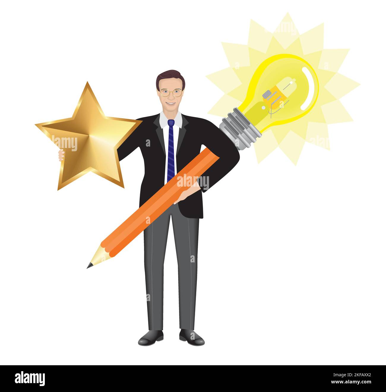 Man with big golden star and light bulb pencil. Big idea and appreciation for them. Isolated on ...