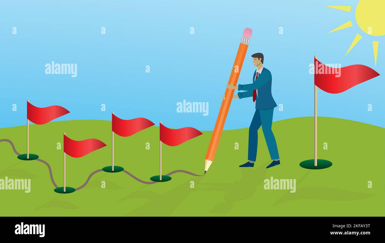 Man planning his way to big goal. Dimension 16:9. Vector illustration ...