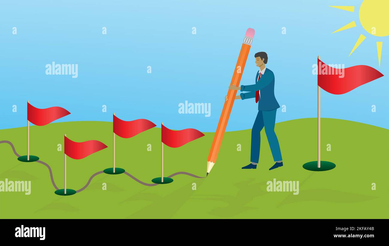 Man planning his way to big goal. Dimension 16:9. Vector illustration ...