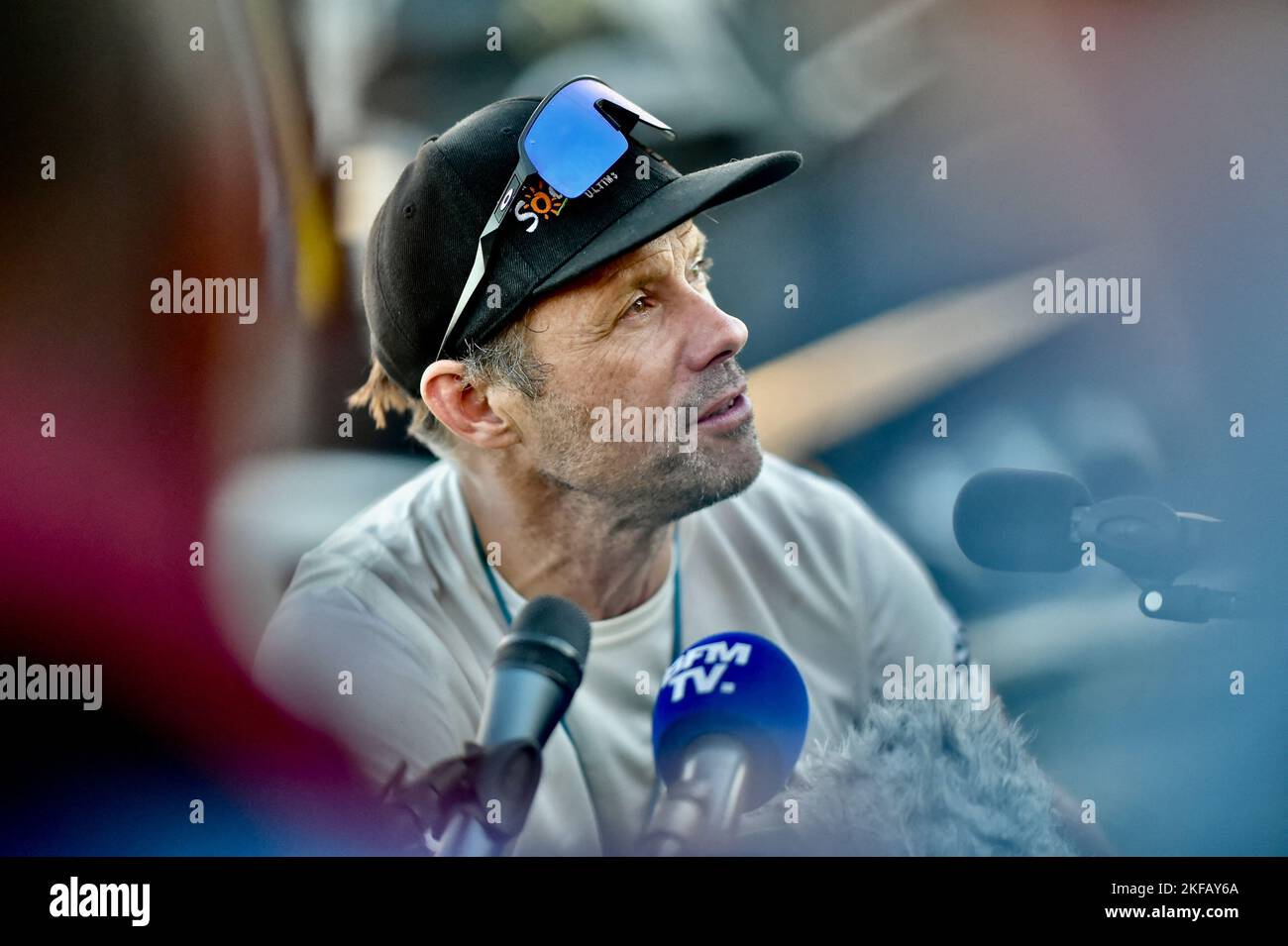 French skipper Thomas Coville celebrates onboard his Ultim multihull ...