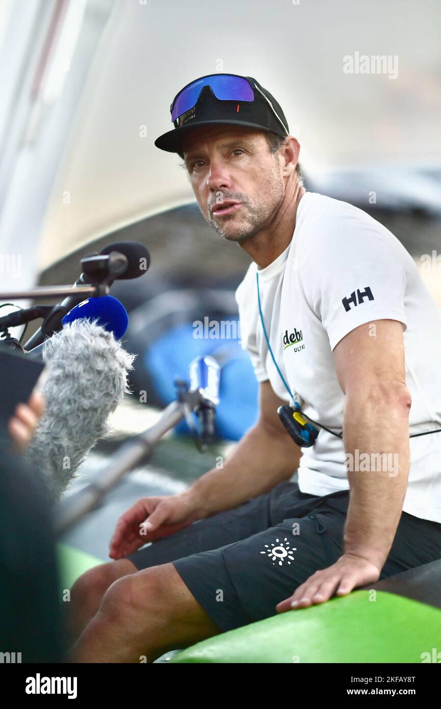 French skipper Thomas Coville celebrates onboard his Ultim multihull ...