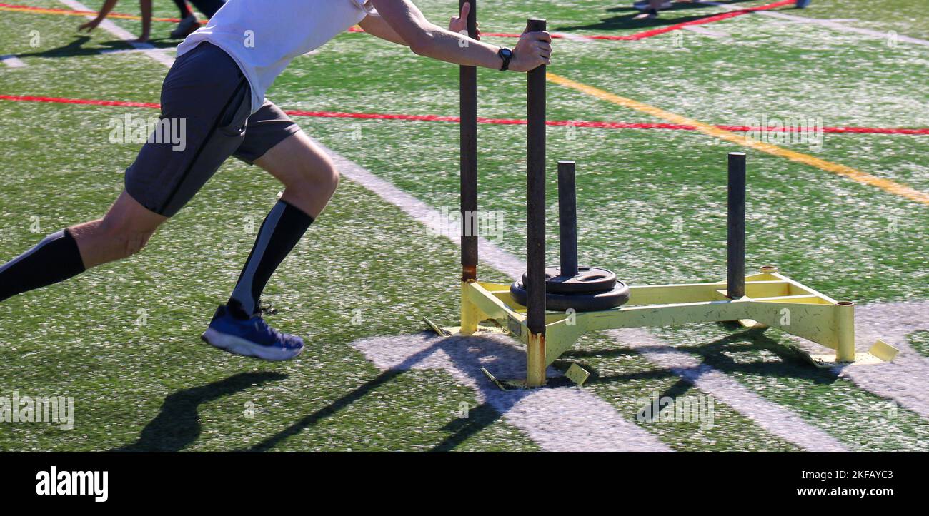 Side view of a male athlete pushing a sled with weights on a green turf ...
