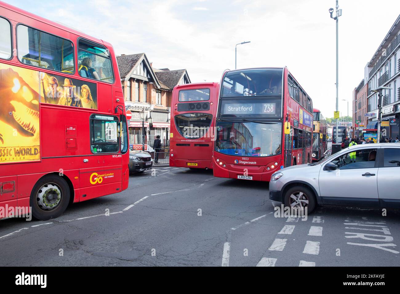 Double-decker busses are seen outside Barking Station in East London in ...