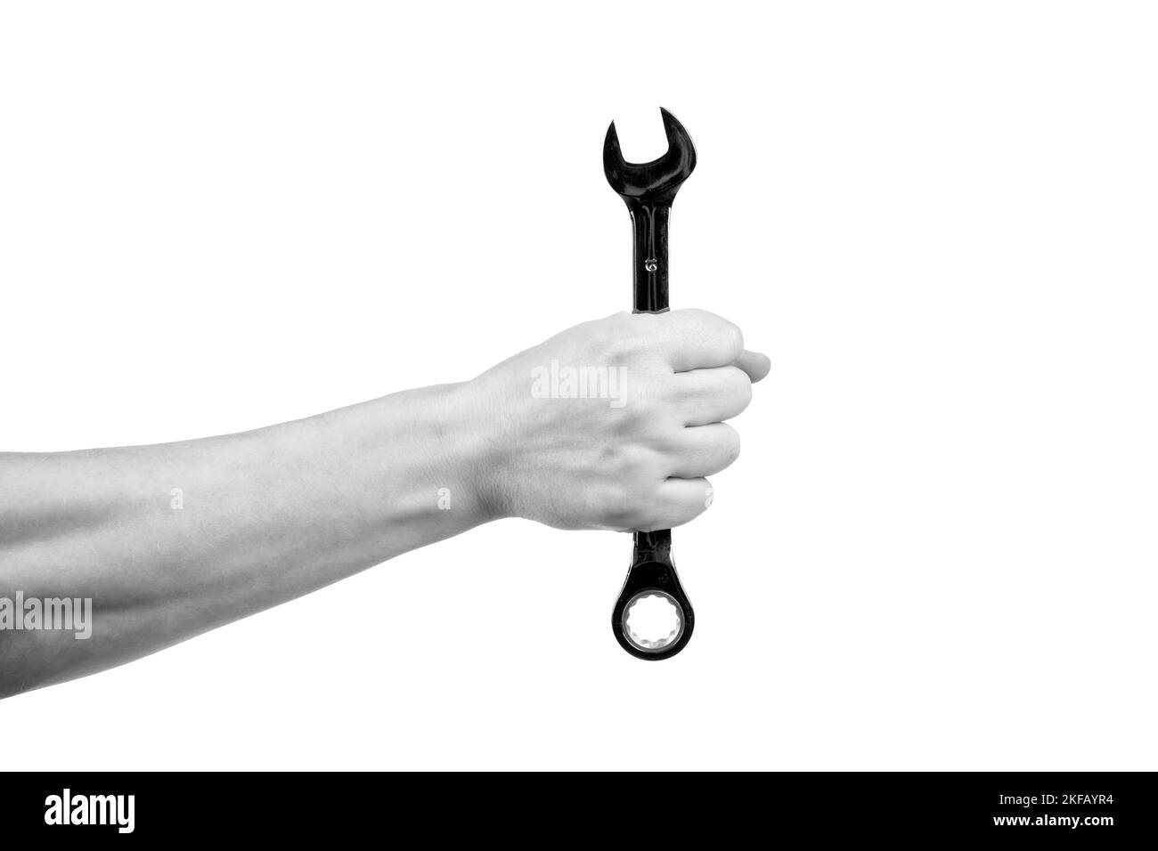 wrench repair tool in hand isolated on white, repairing Stock Photo - Alamy