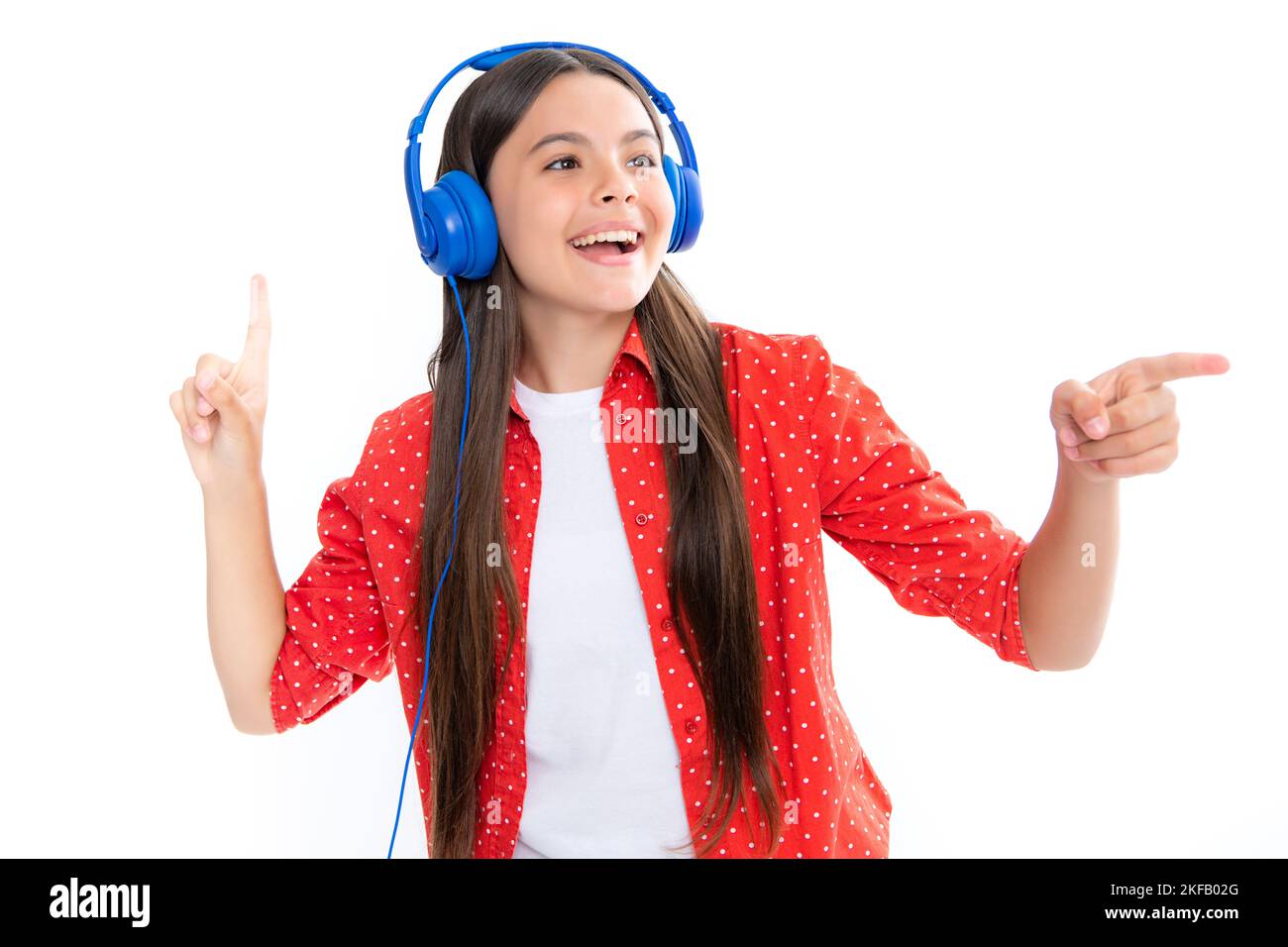 Teenager in modern wireless headphones enjoying song music in audio app ...