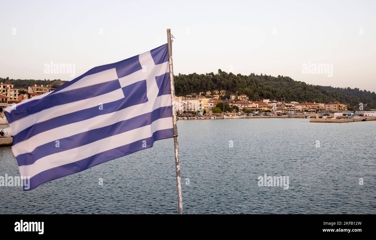 Greek national flag over panorama hi-res stock photography and images ...
