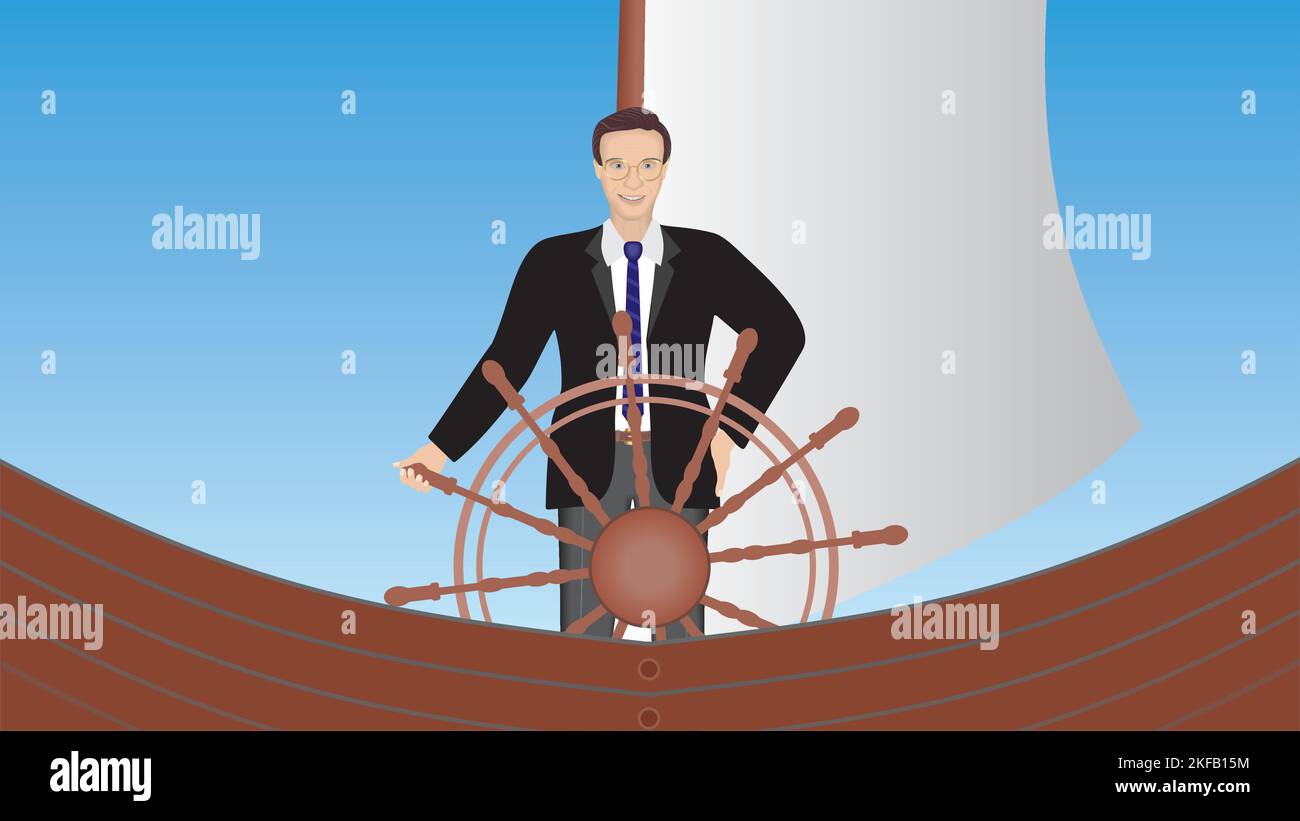 Man at steering wheel at big boat. Strategies in leadership. Vector ...