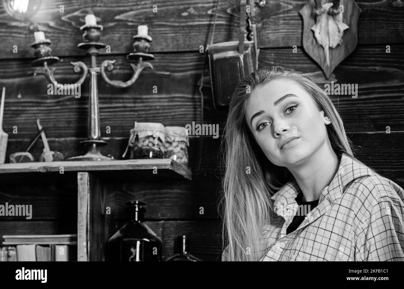 Girl tomboy spend time in house of gamekeeper. Tomboy concept. Girl in ...