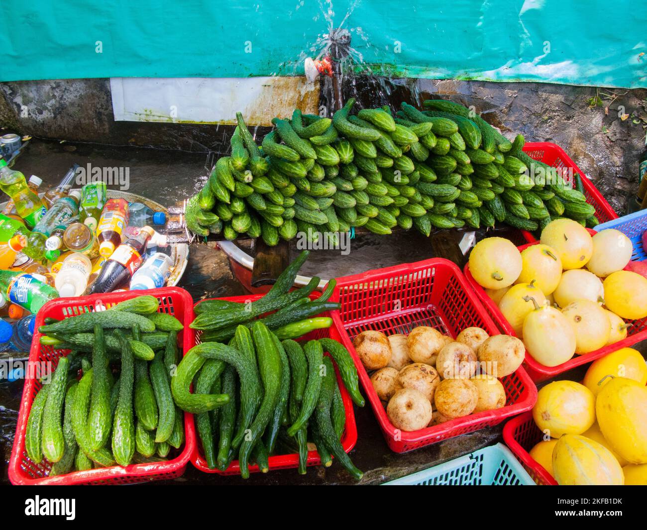 Refreshments of fruit, fruits for sale on a vegetable and soft drink ...