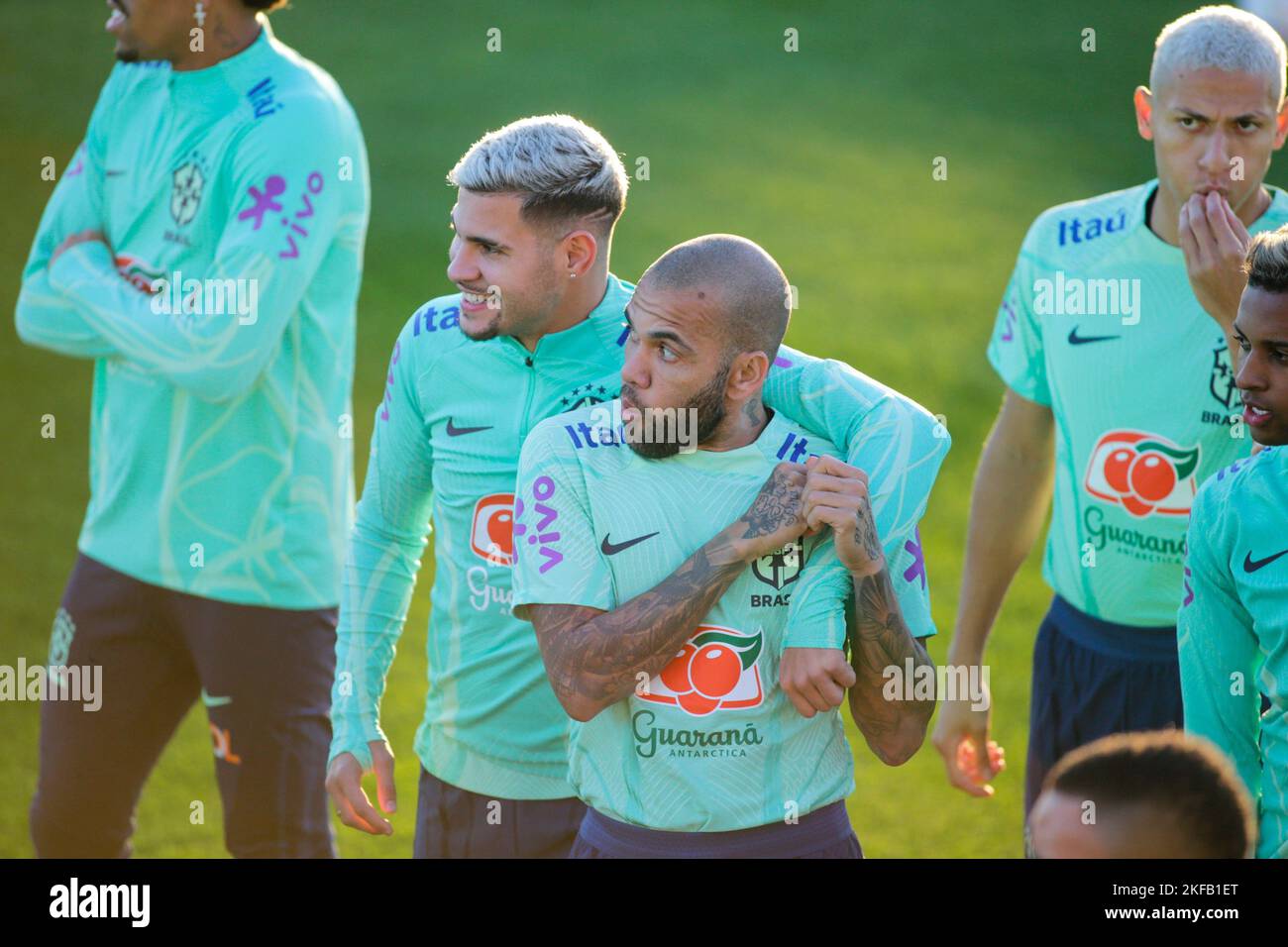Bruno Guimaraes and Dani Alves of Brazil during Brazil National ...