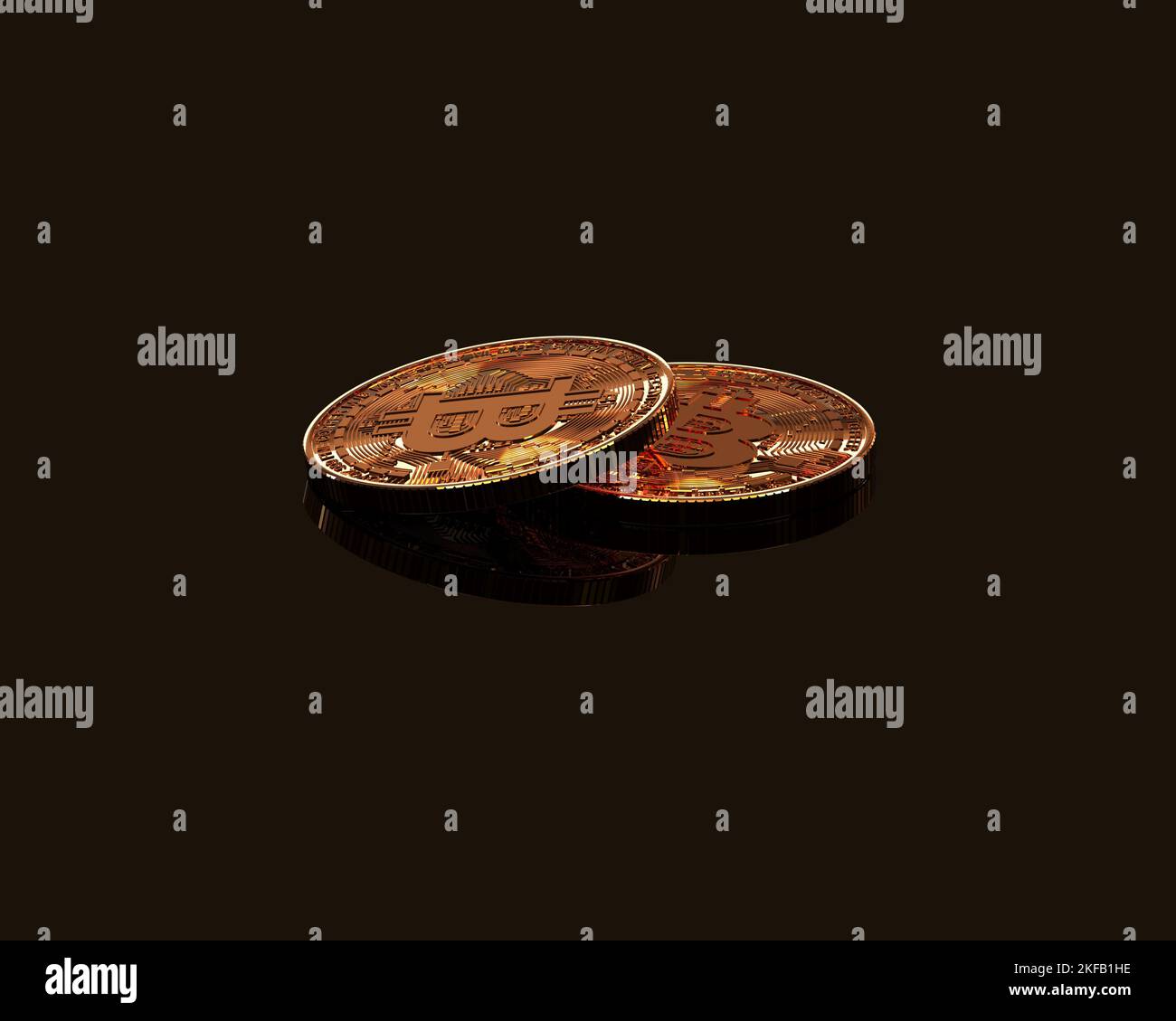 3D rendering - two souvenir Bitcoin coins lie on a dark mirror surface ...