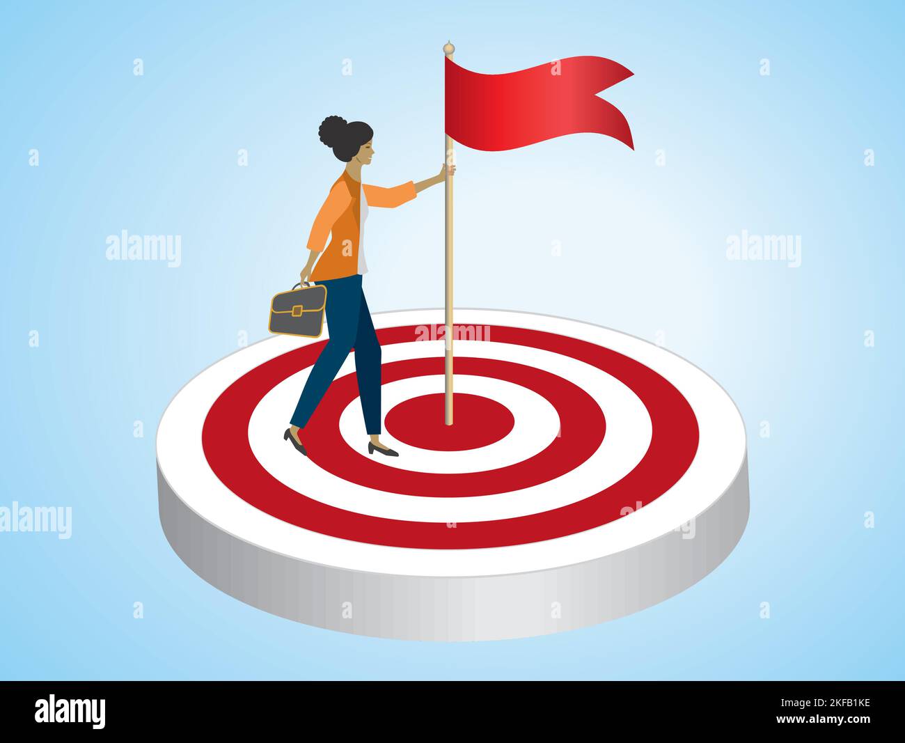 Goal. Woman put down flag in bull´s eye on dartboard. Vector ...