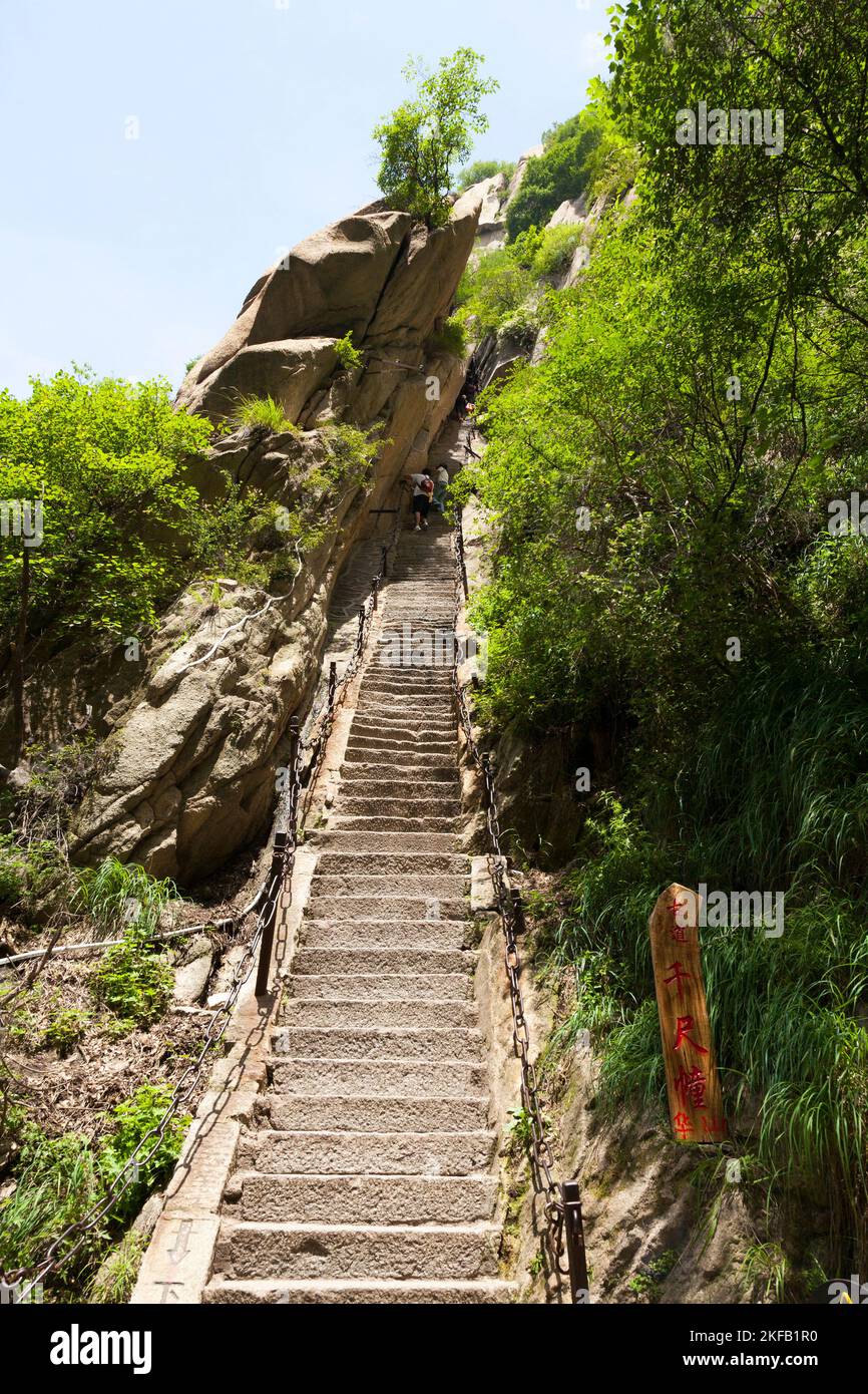 Steep steps / stair / staircase of cut stone on the face of Huashan ...