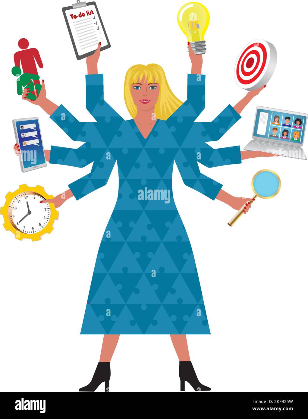 Multitasking woman, woman like Shiva with several arms. Isolated on ...